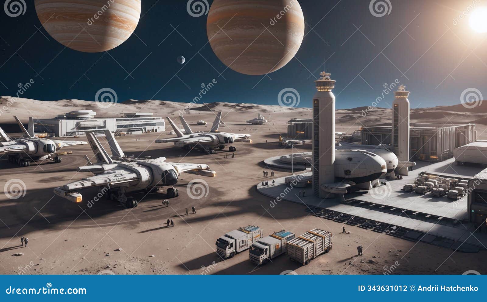 A Sprawling Spaceport on a Moon of Jupiter with Advanced Spacecraft ...