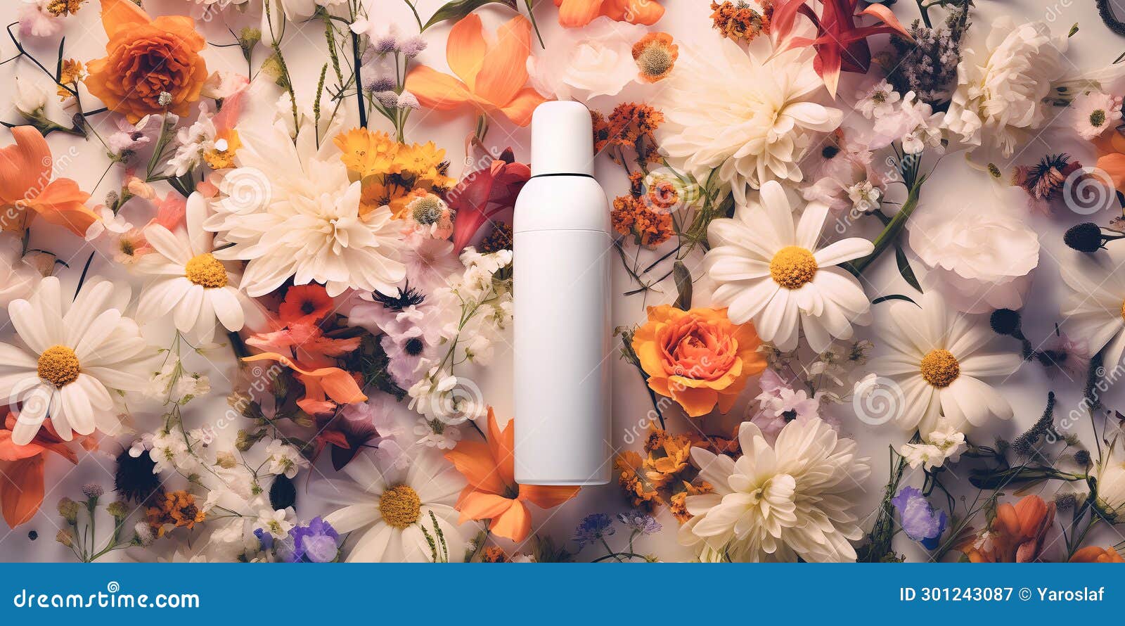 Spray Bottle Inhaler with White Empty Mockup Space in Middle of Flowers ...