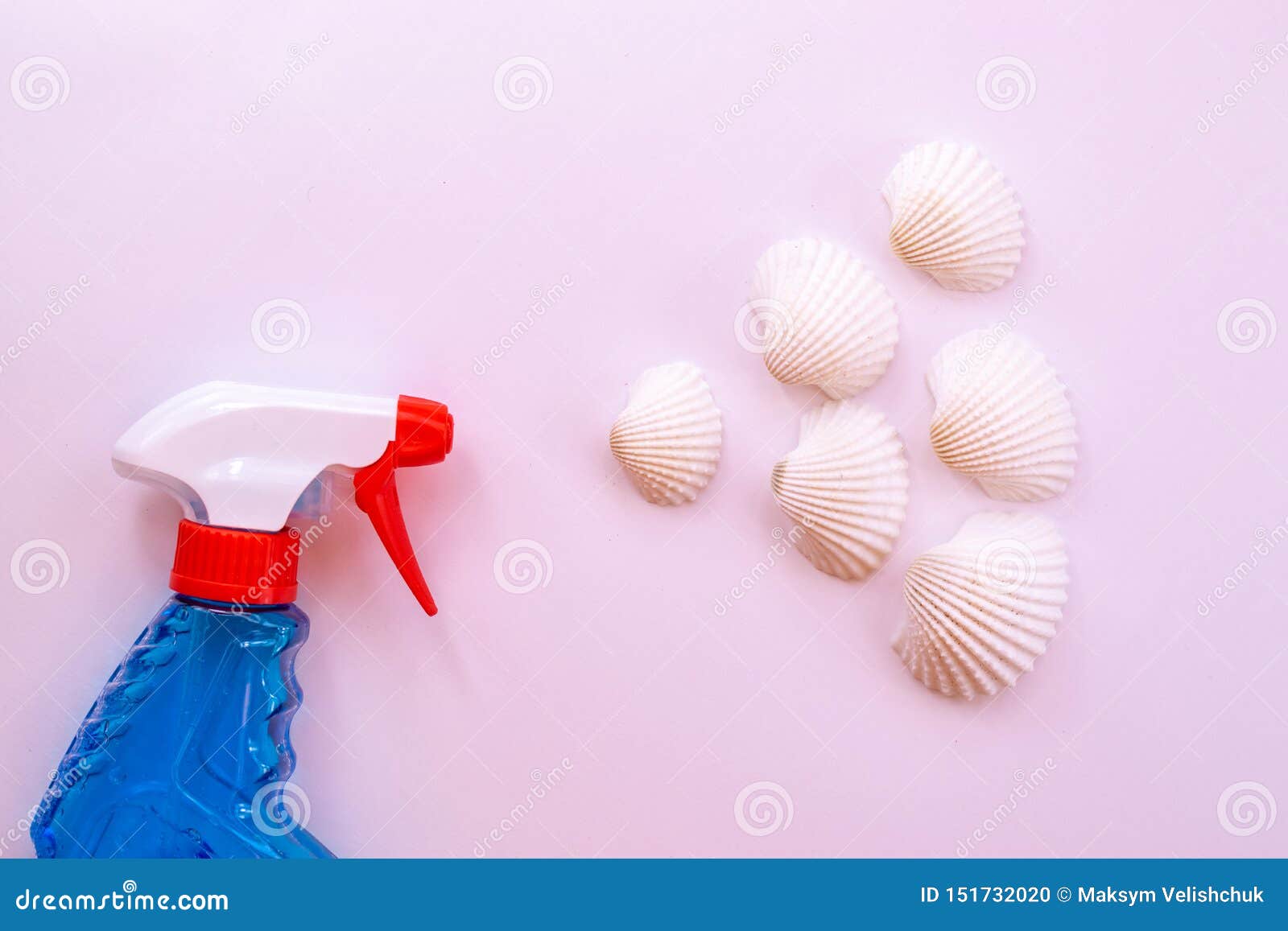 Spray for Liquid, Shells on Pastel Pink Background. Concept: Cleaner ...