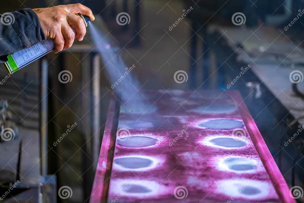 Spraying Liquid Penetrant To Detect Defects in Welds. Detection of ...