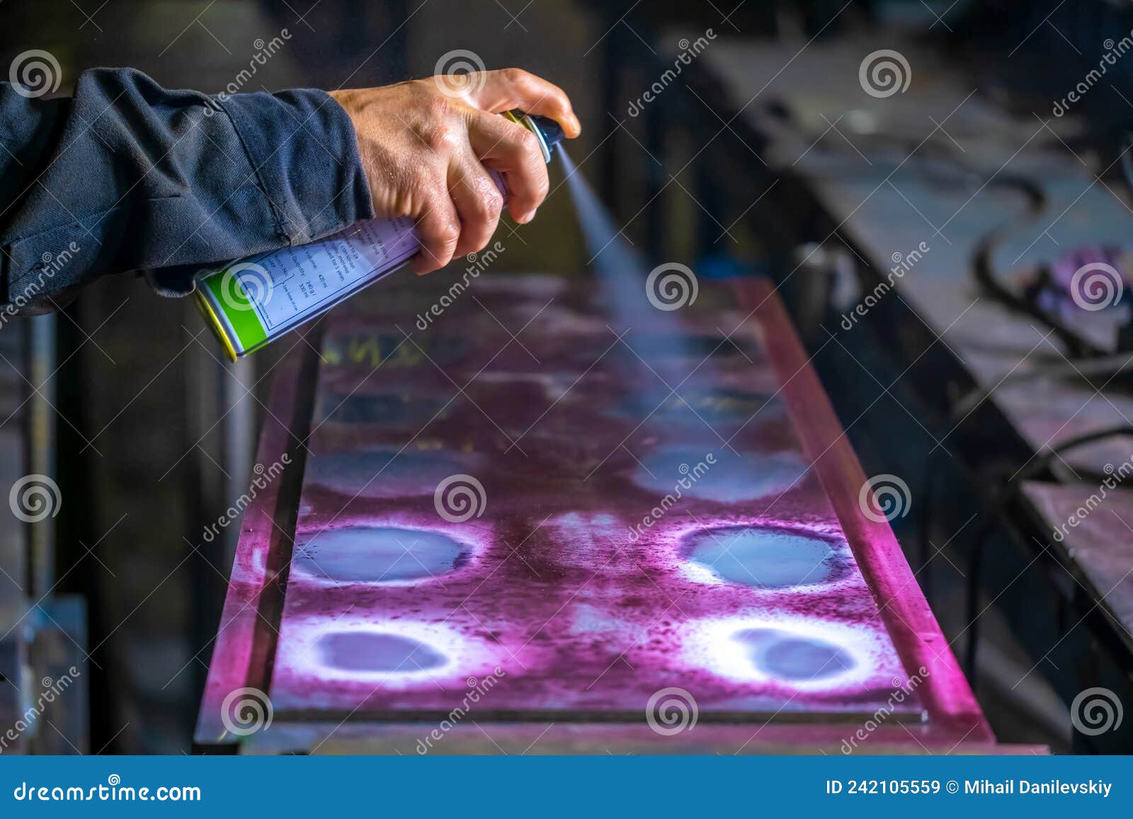 Spraying Liquid Penetrant To Detect Defects in Welds. Detection of ...