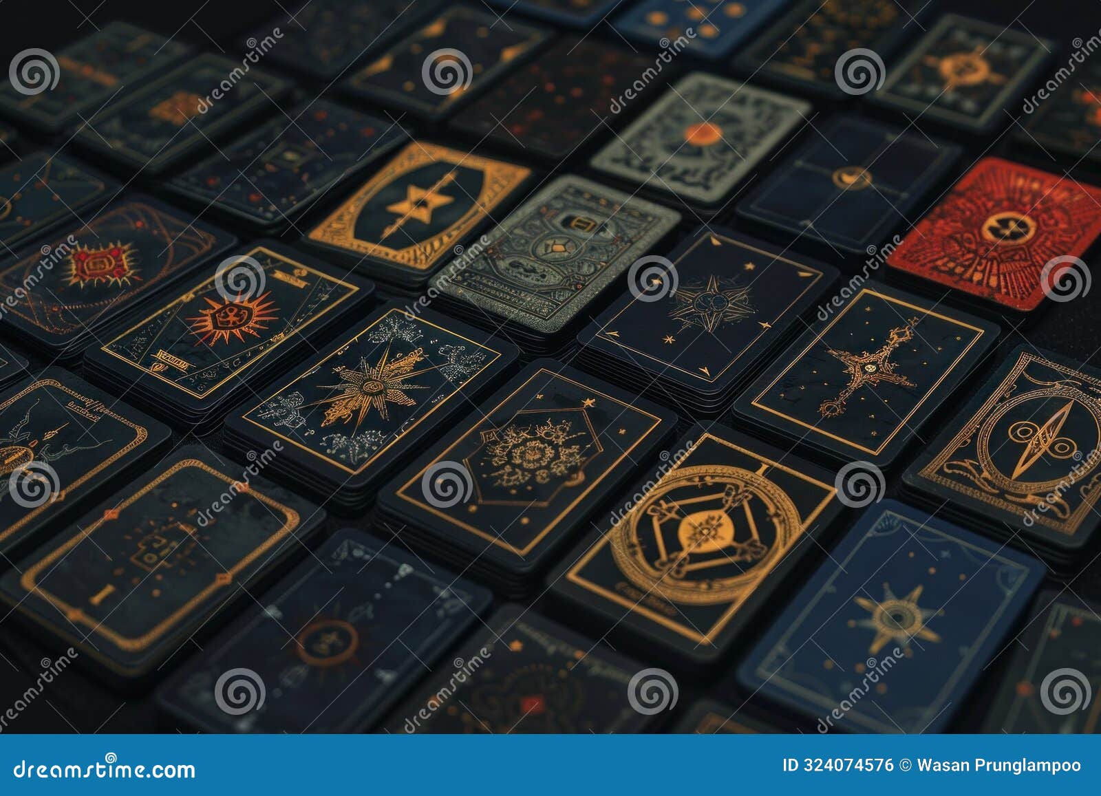 A Spread of Celestial-themed Playing Cards with Intricate Designs ...