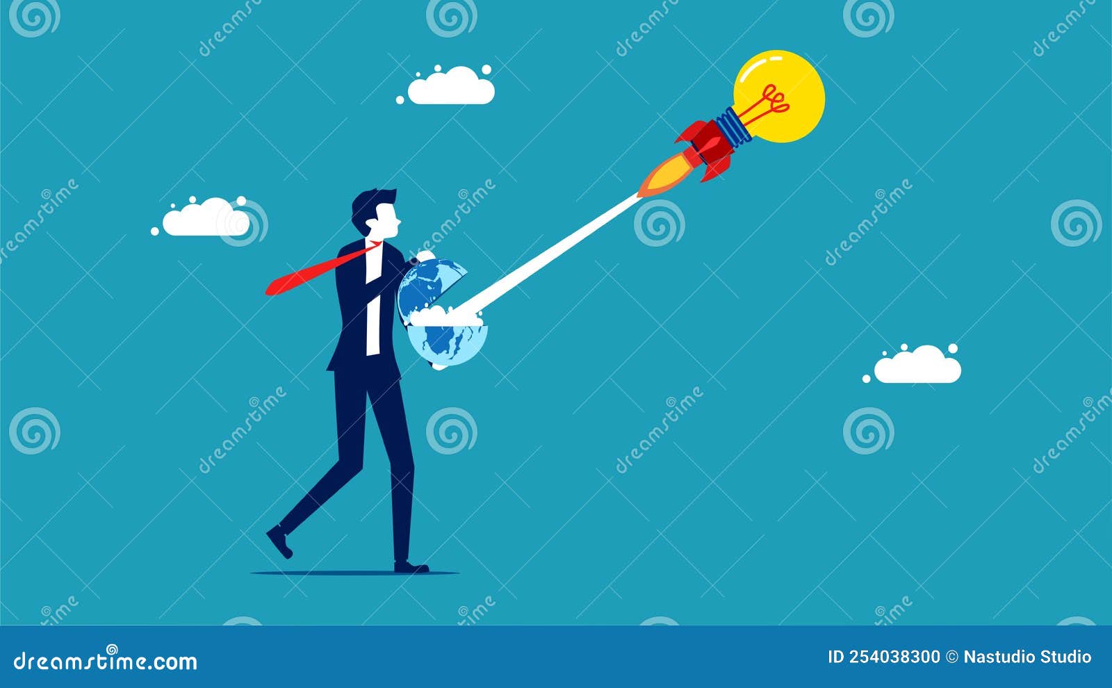Spread Knowledge in the World. Businessman Launching Idea Bulb Rocket ...