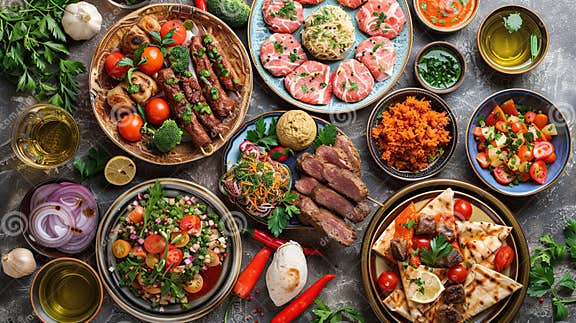 A Spread of Middle Eastern Dishes, Including Grilled Meats, Salads, and ...