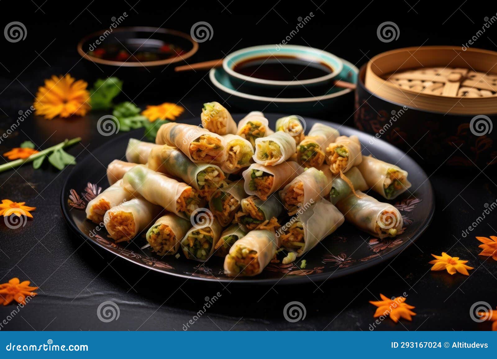 A Spread of Spring Rolls and a Pair of Chopsticks Resting on a Black ...