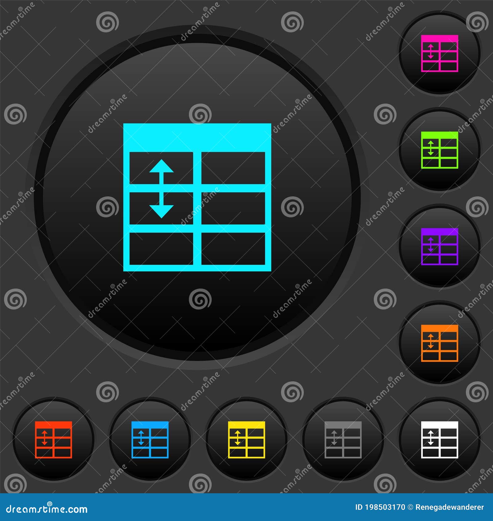 Spreadsheet Adjust Table Row Height Dark Push Buttons With Color Icons Stock Vector