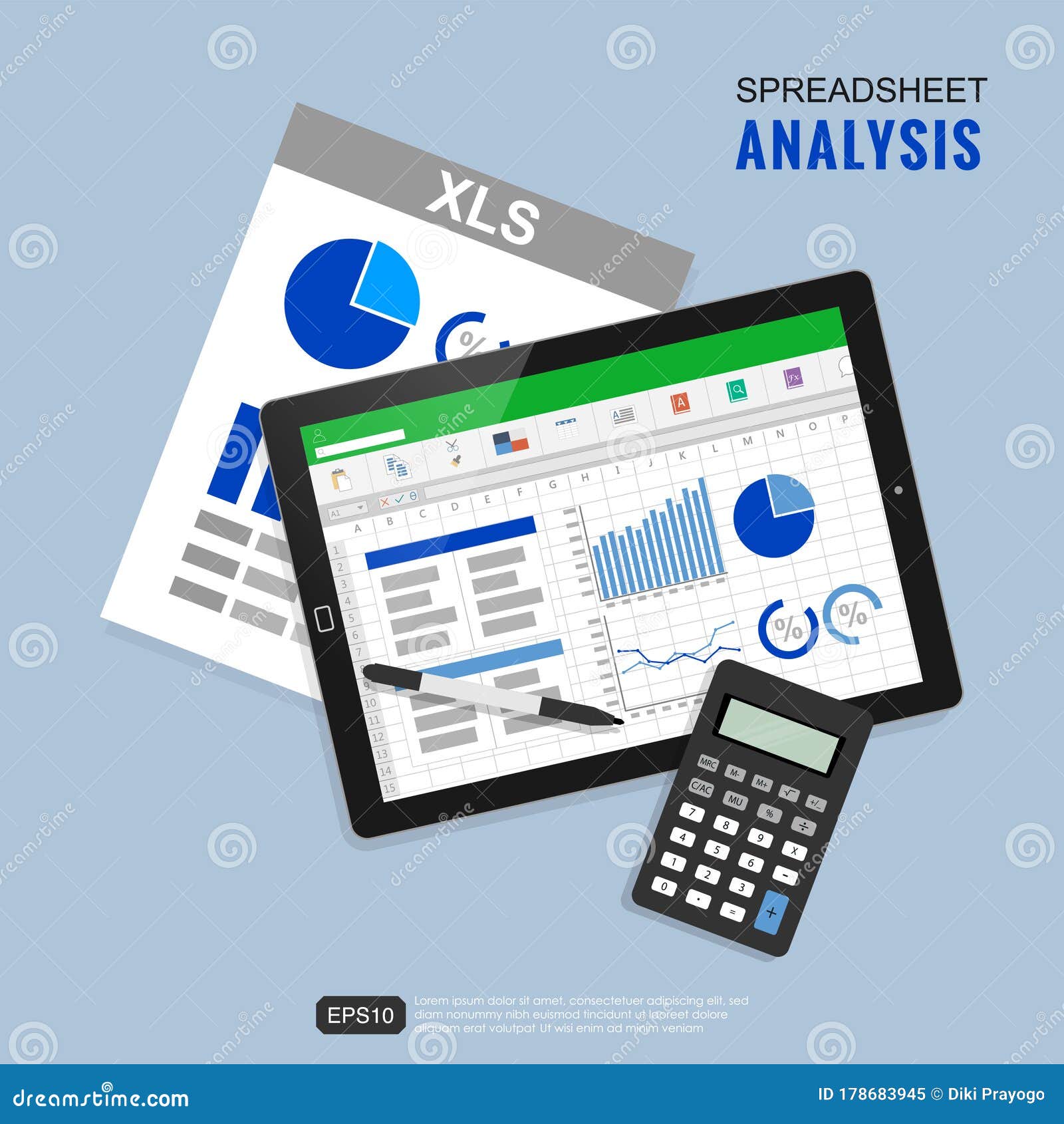Spreadsheet Analysis Vector Illustration Concept. Close View of Tablet ...