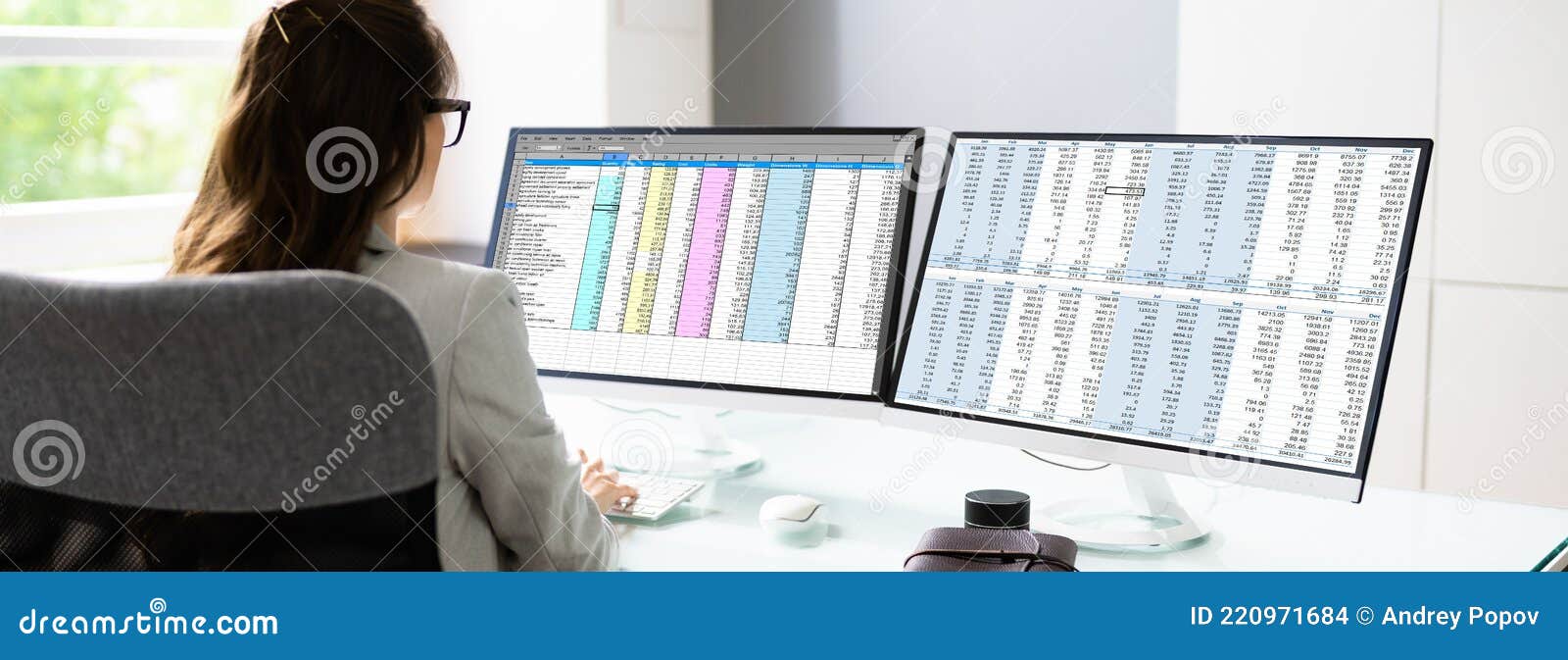 Spreadsheet Analyst Employee Using Computer Monitors Stock Photo ... Spreadsheet Analyst Employee Using Computer Monitors Stock Photo ...