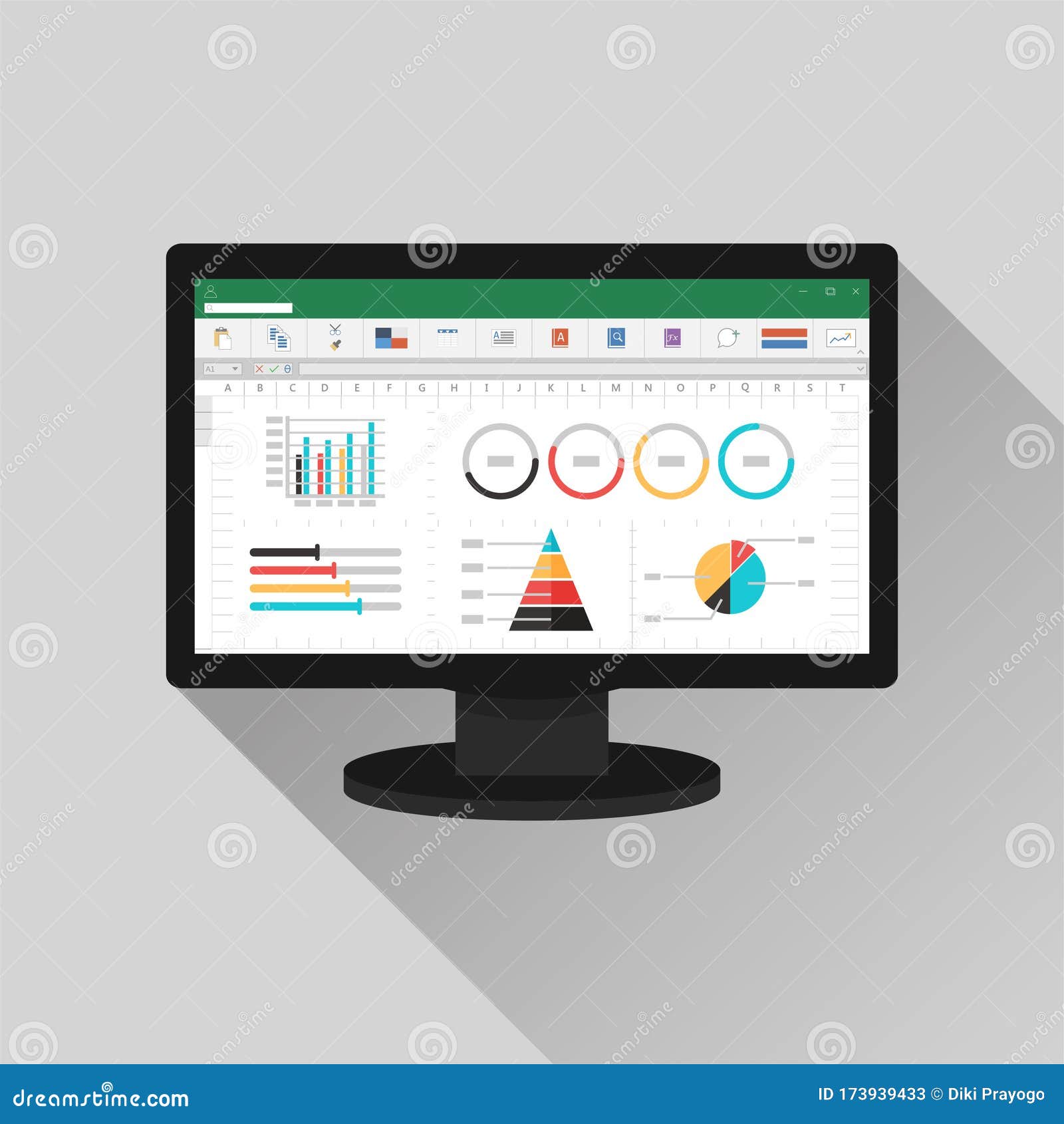 Spreadsheet on Computer Screen Flat Icon. Financial Accounting Report ...