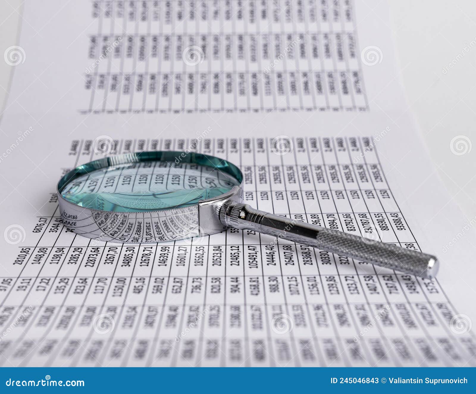 Spreadsheet, Table with Magnifying Glass. Scrutinizing Numbers ...