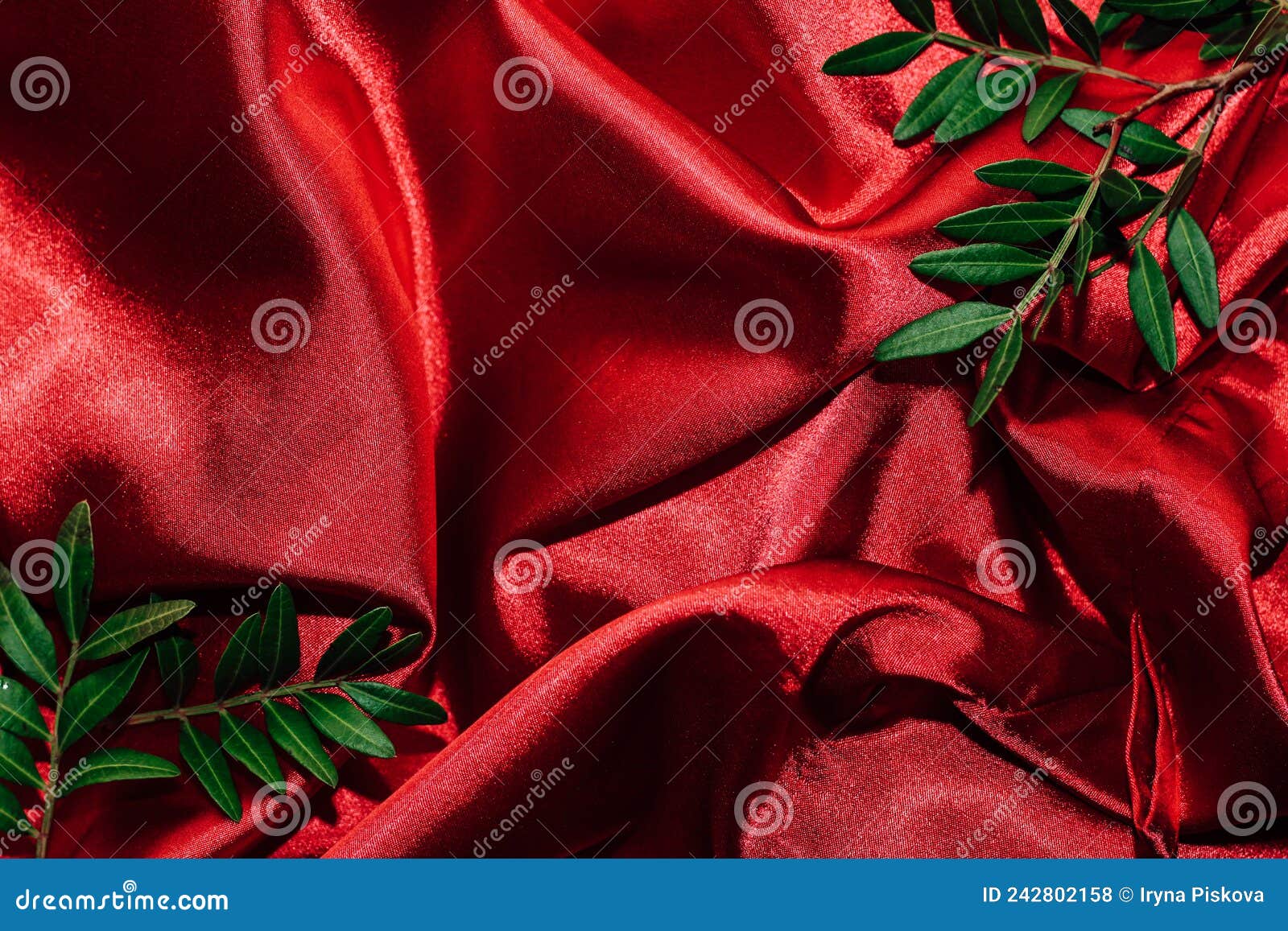 Sprigs of Greenery on a Silk Red Background, Space for Text. Stock ...