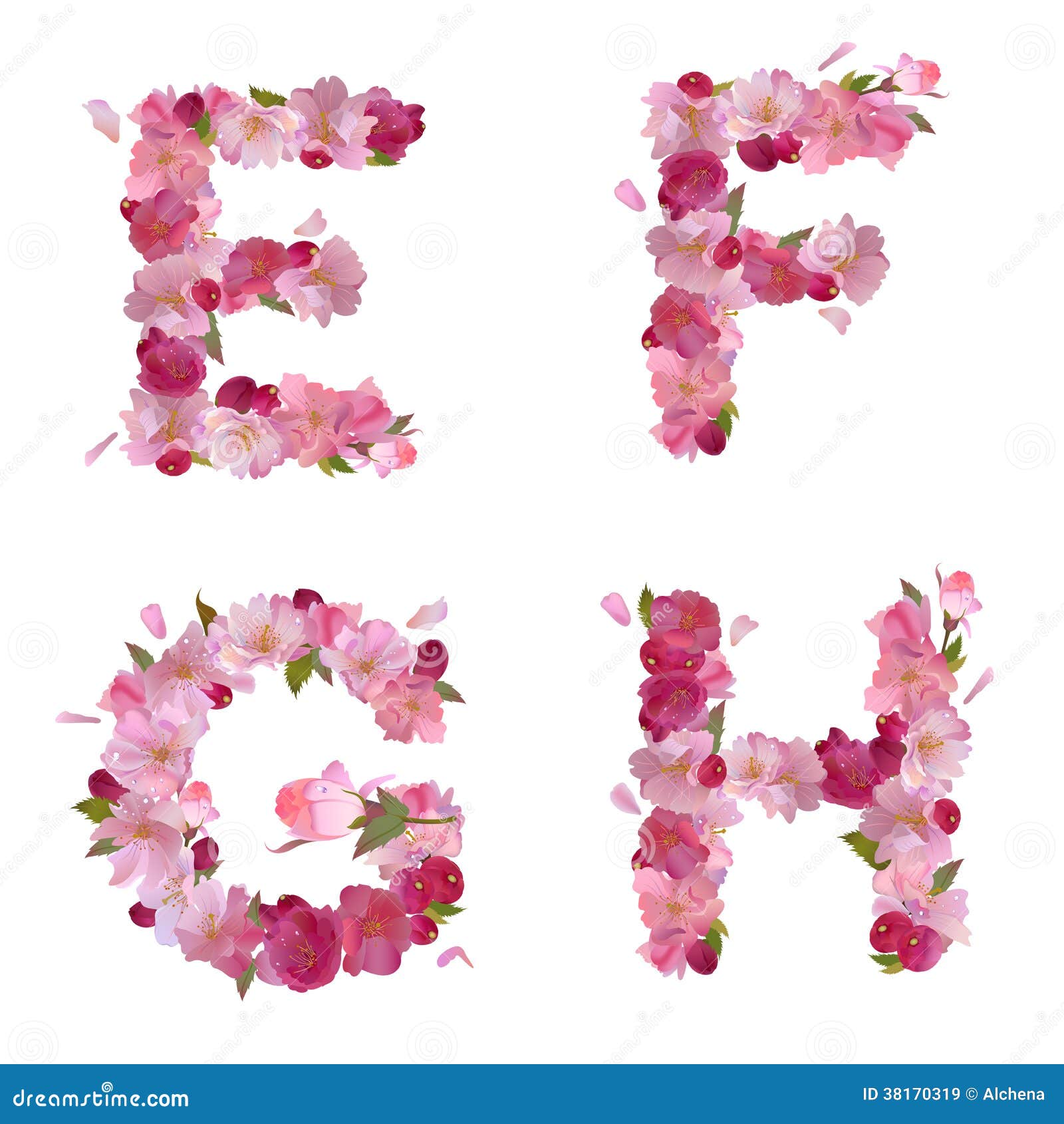 Spring Alphabet with Cherry Flowers EFGH Stock Vector - Illustration of ...