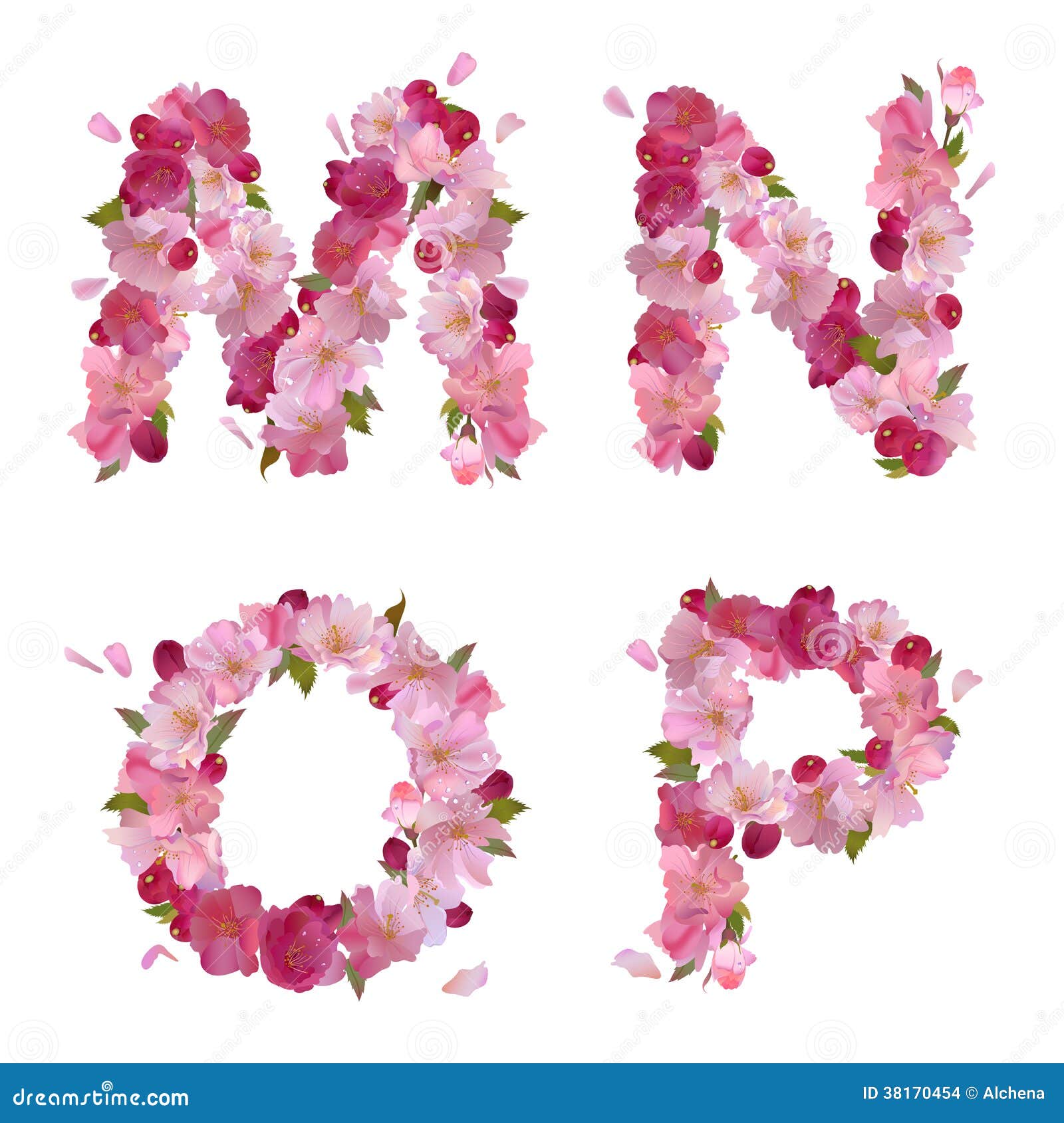 Spring Alphabet with Cherry Flowers MNOP Stock Vector - Illustration of ...