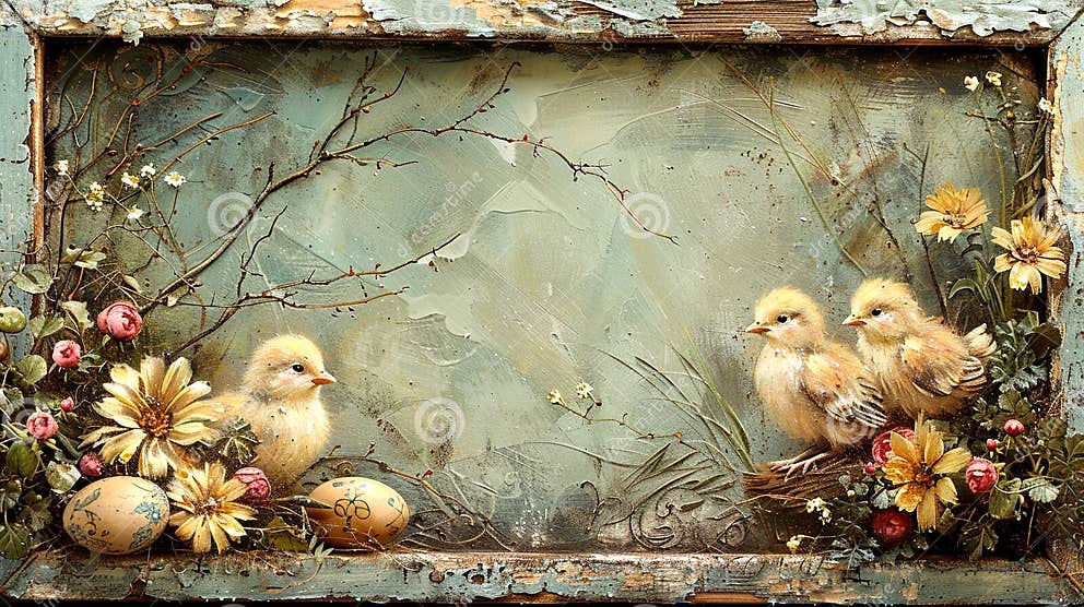 Spring Art of Fluffy Chicks and Flowers in a Rustic Frame Stock ...