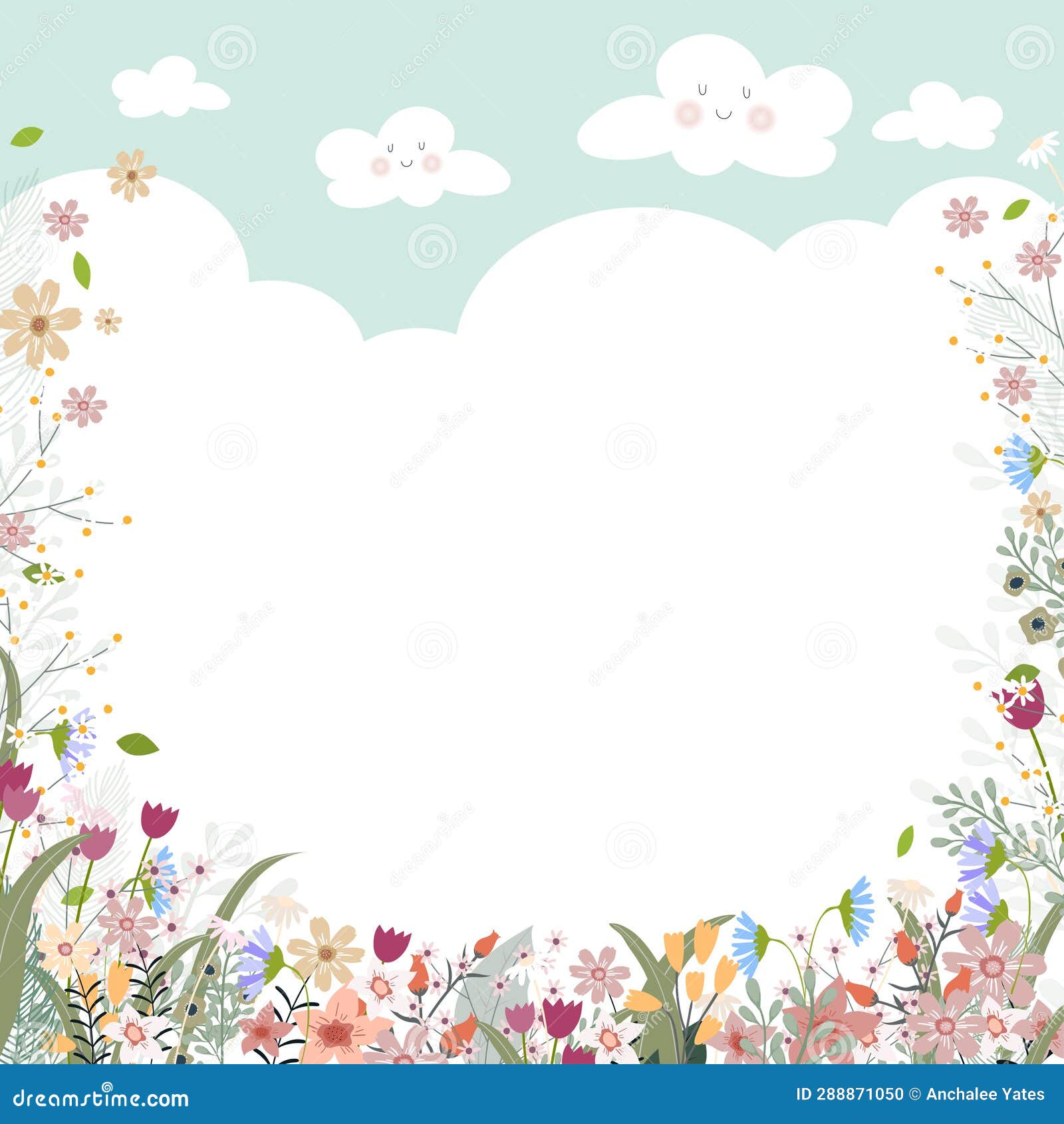 Spring Background with Cute Flower Border on Blue Sky and White Cloud ...