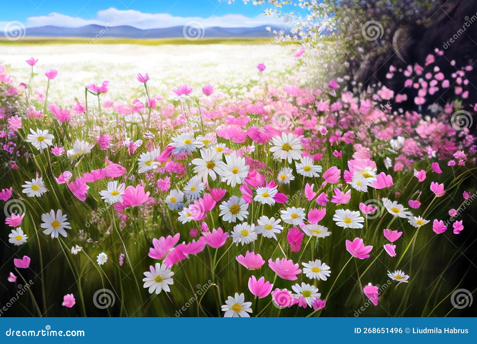 Spring Background Illustration of White and Pink Flowers in the Meadow ...