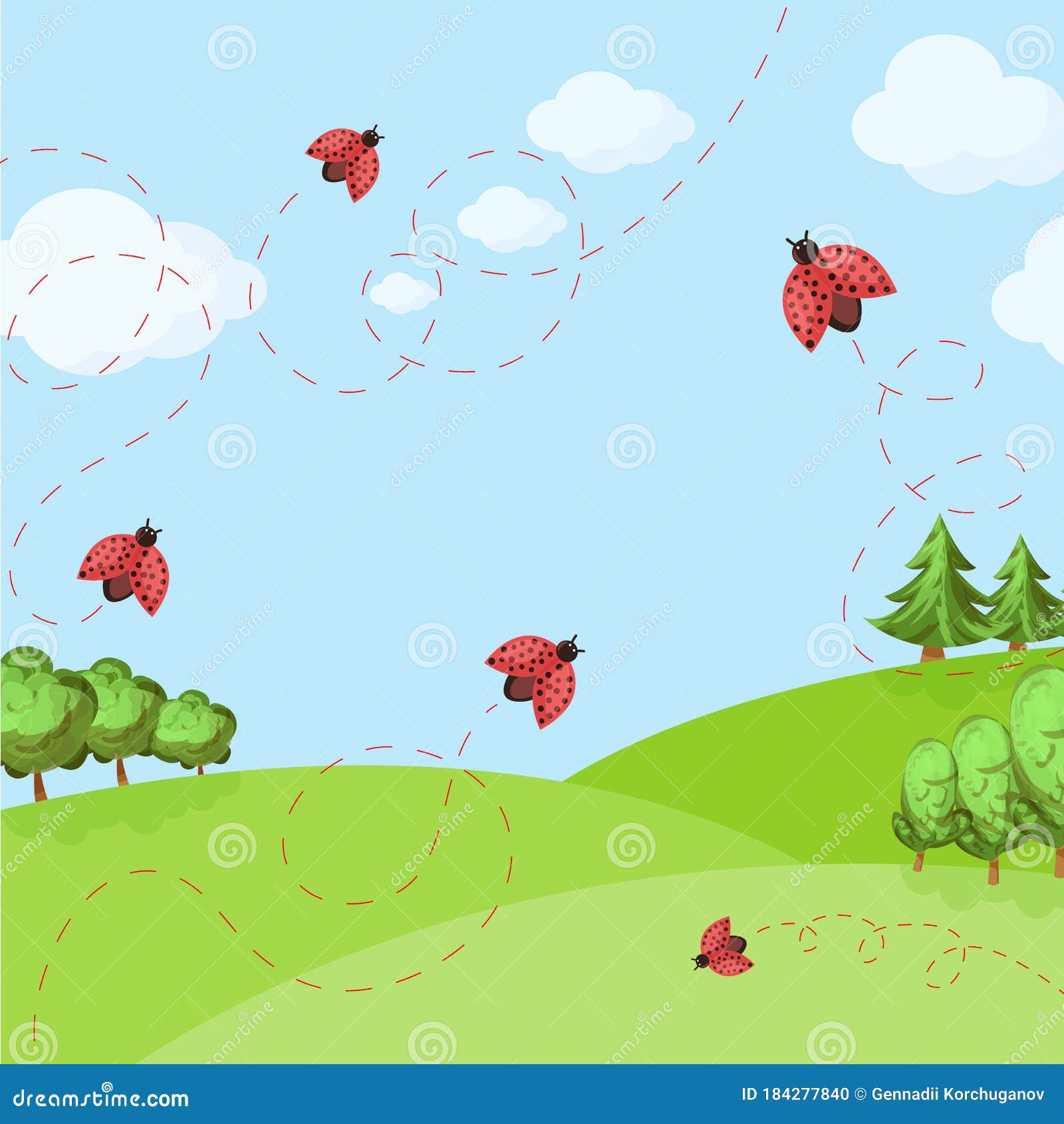 Spring Background with Ladybug on the Field and Blue Sky. Vector ...