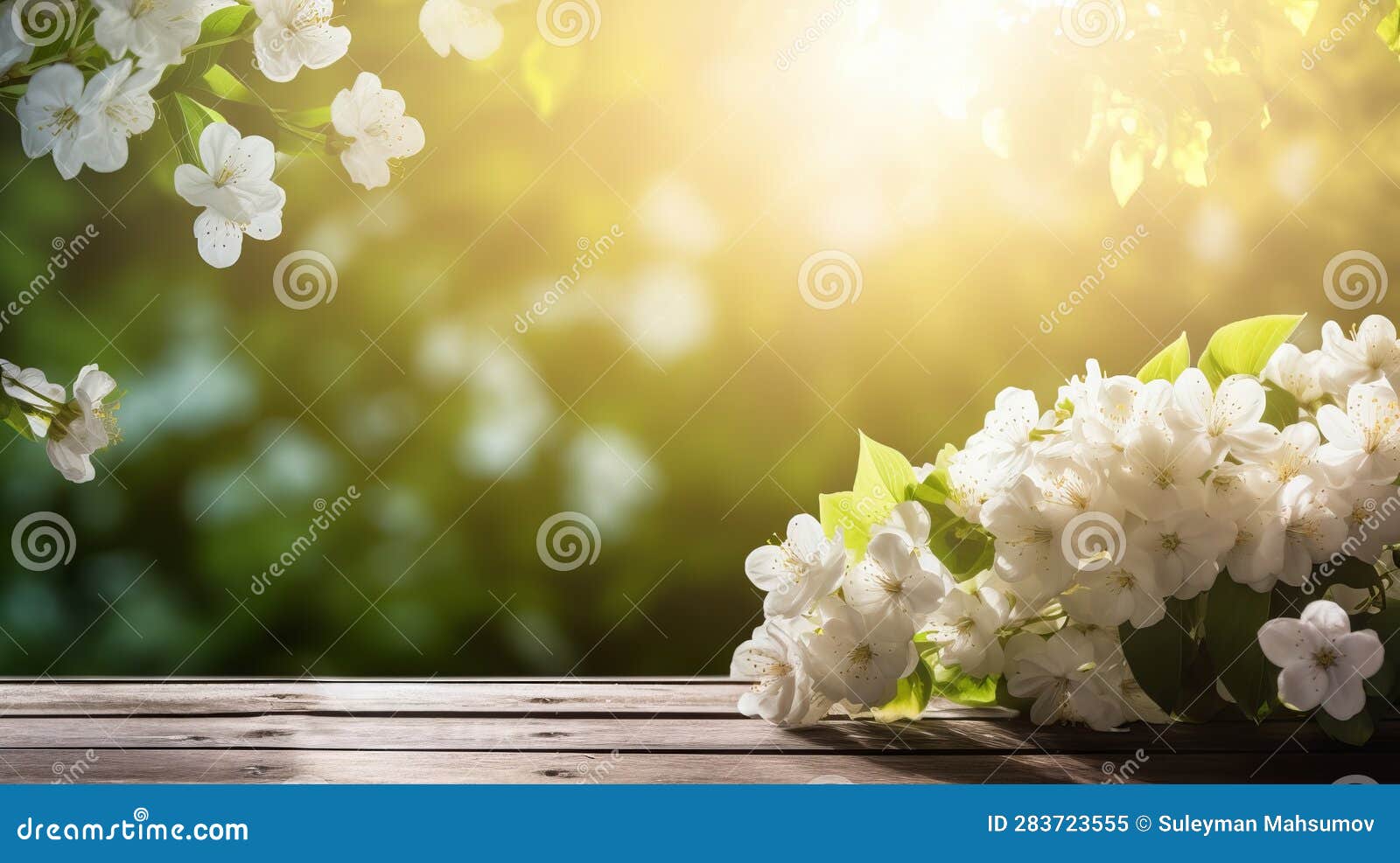 Spring Background with White Blossoms and Sunbeams in Front of a Wooden ...