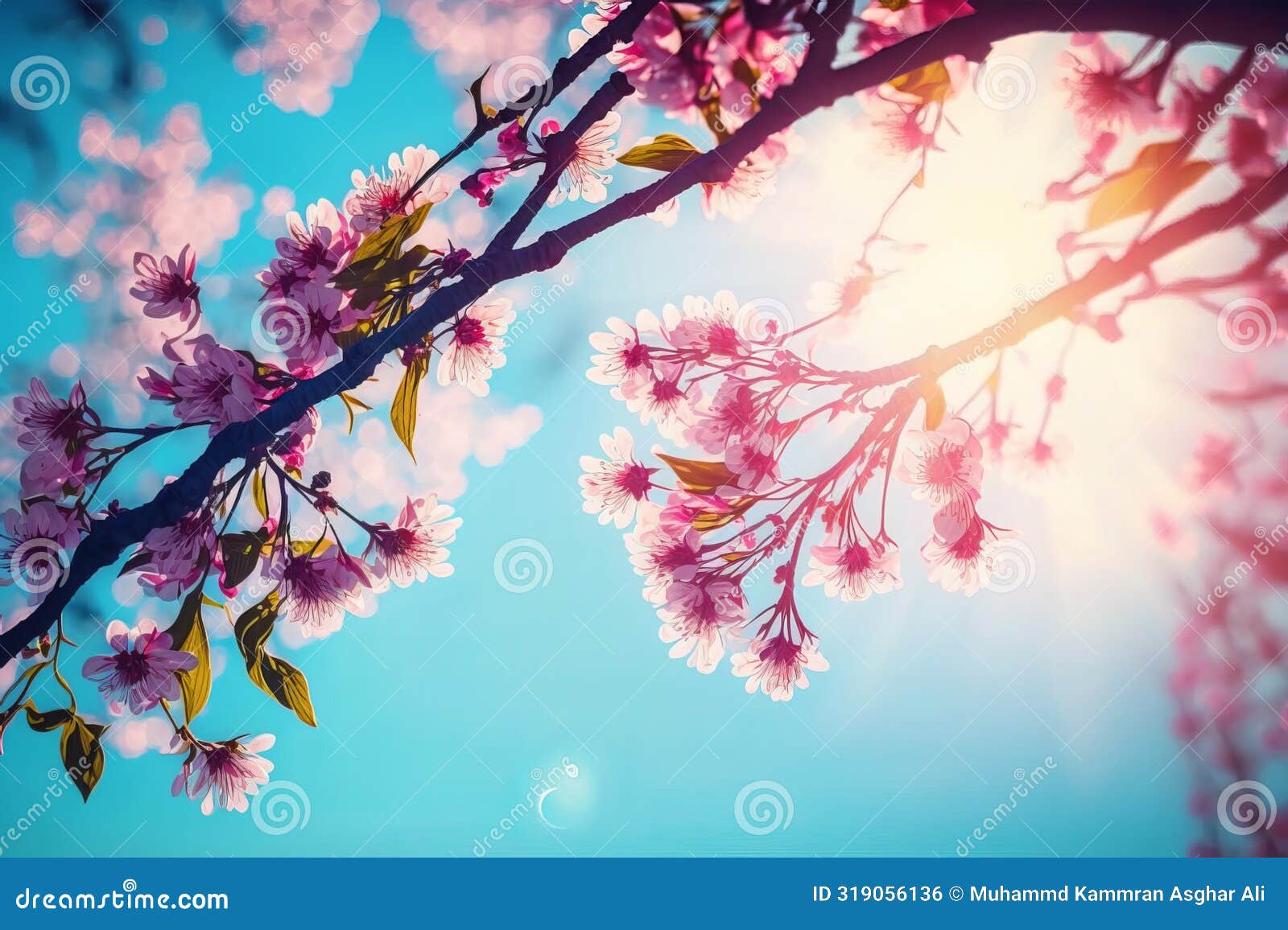 Spring Banner, Branches of Blossoming Cherry Against Background of Blue ...