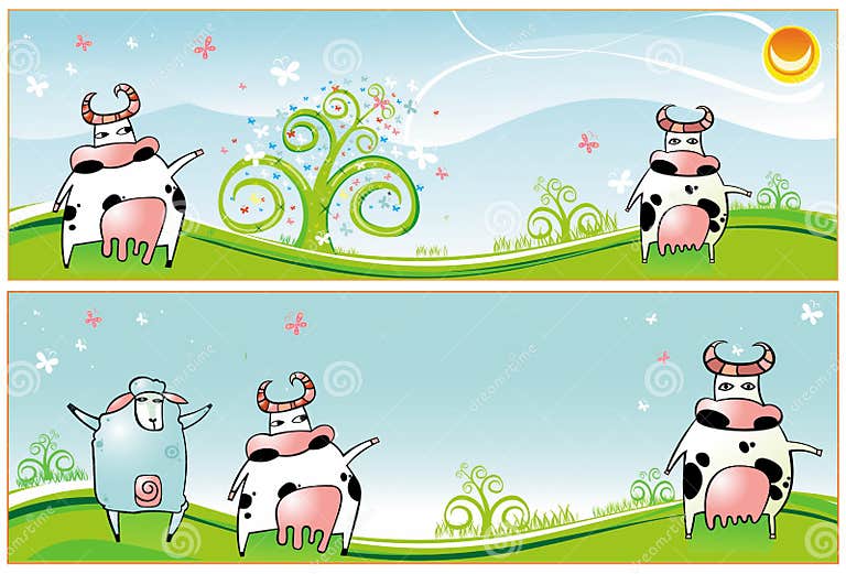 Spring banners Cows sheep stock vector. Illustration of funny - 4445566