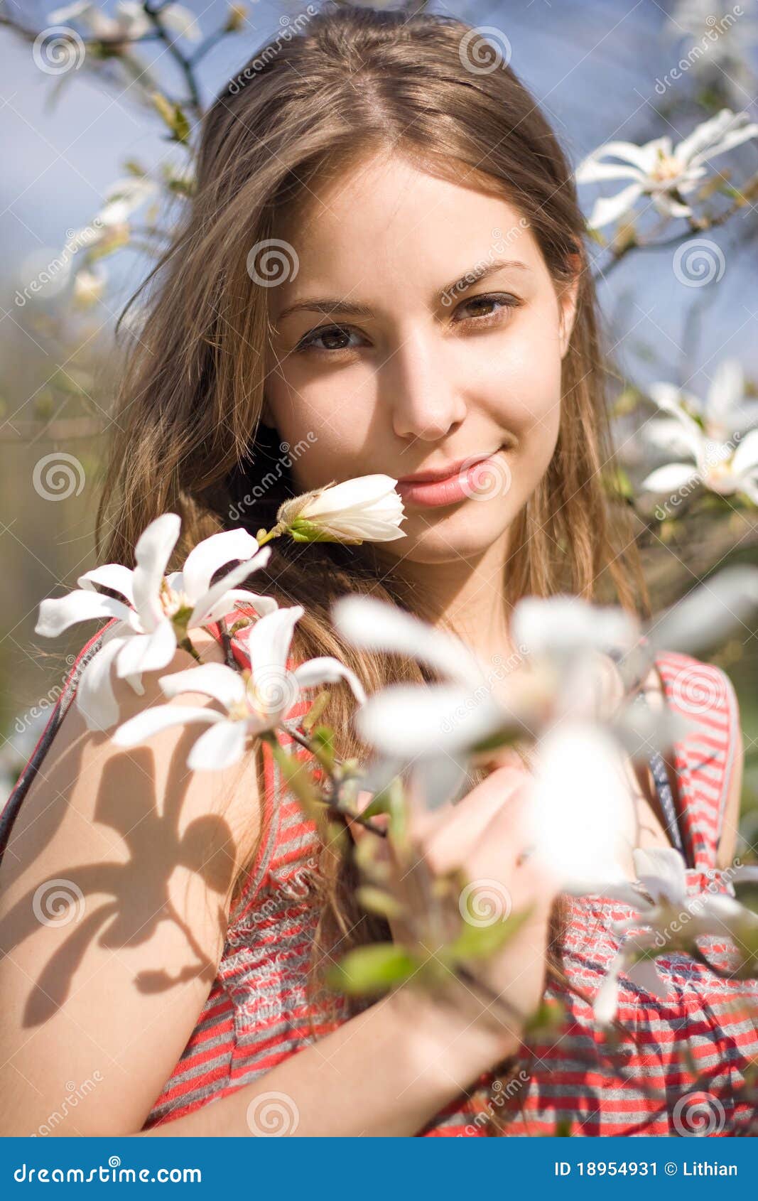 Spring Beauty in Nature with Flowers. Stock Image - Image of brunette ...