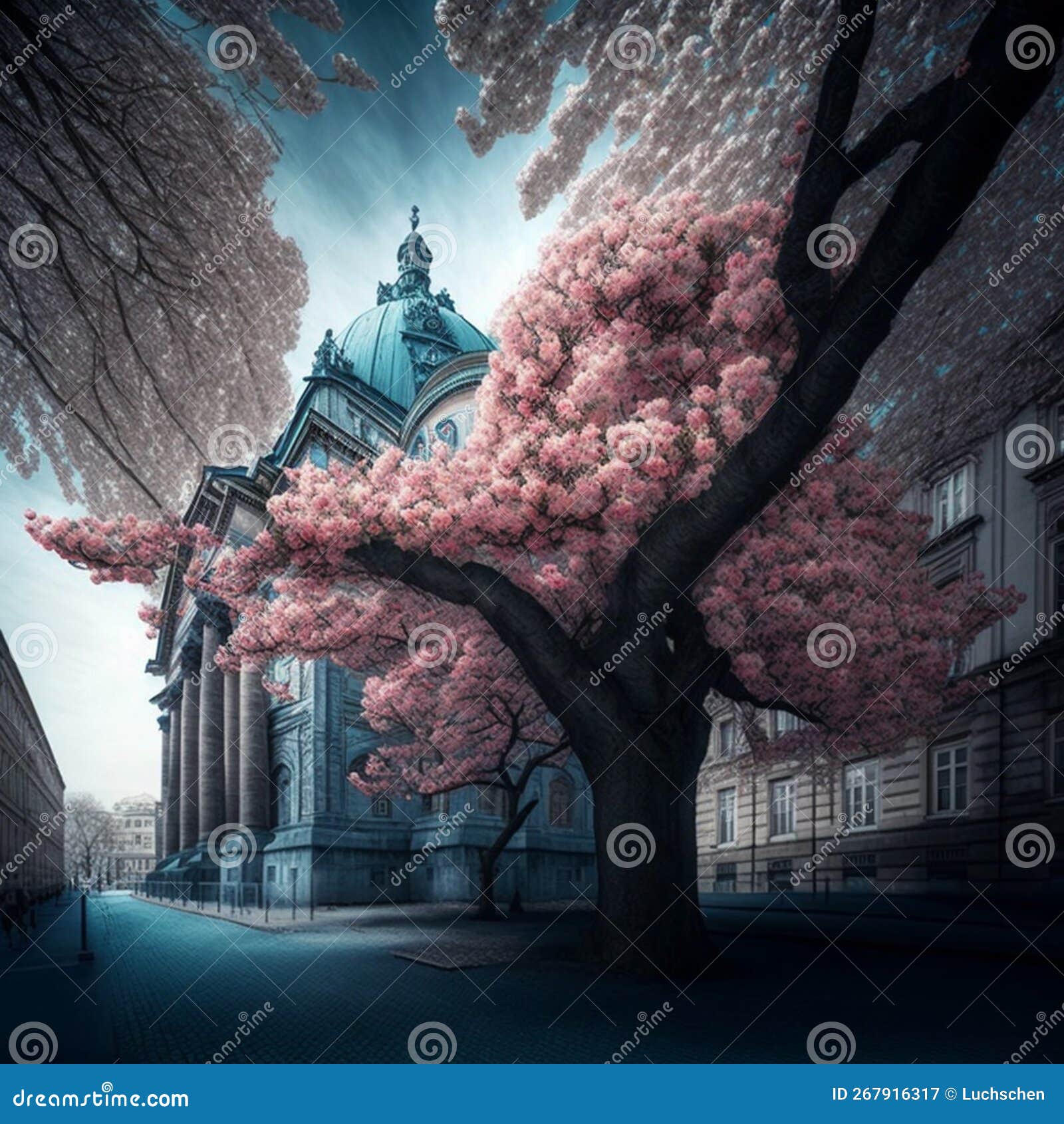 Spring Berlin Ancient Architecture and Cherry Blossoms Stock ...