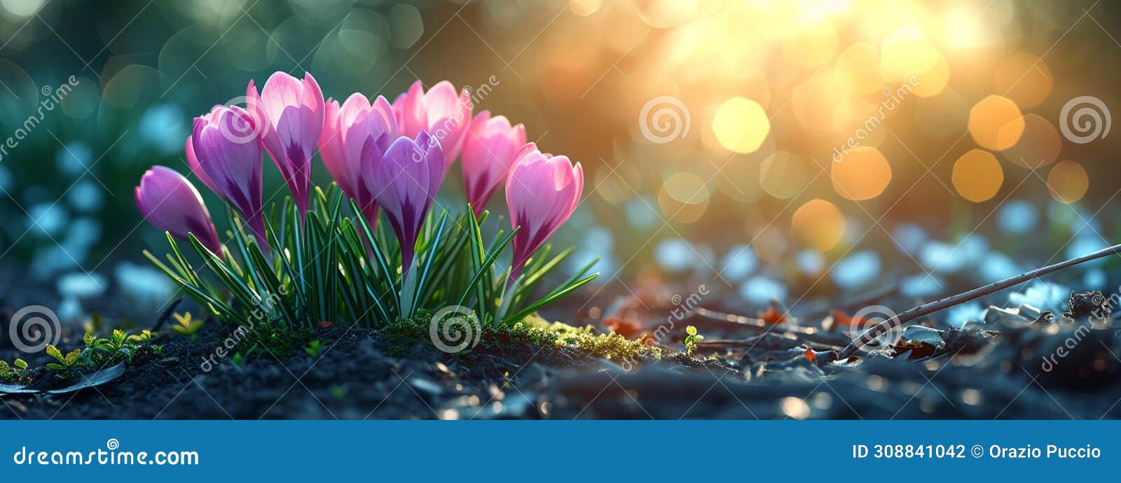 Spring Blooming: Vector Illustration of Crocus with Bokeh Background ...
