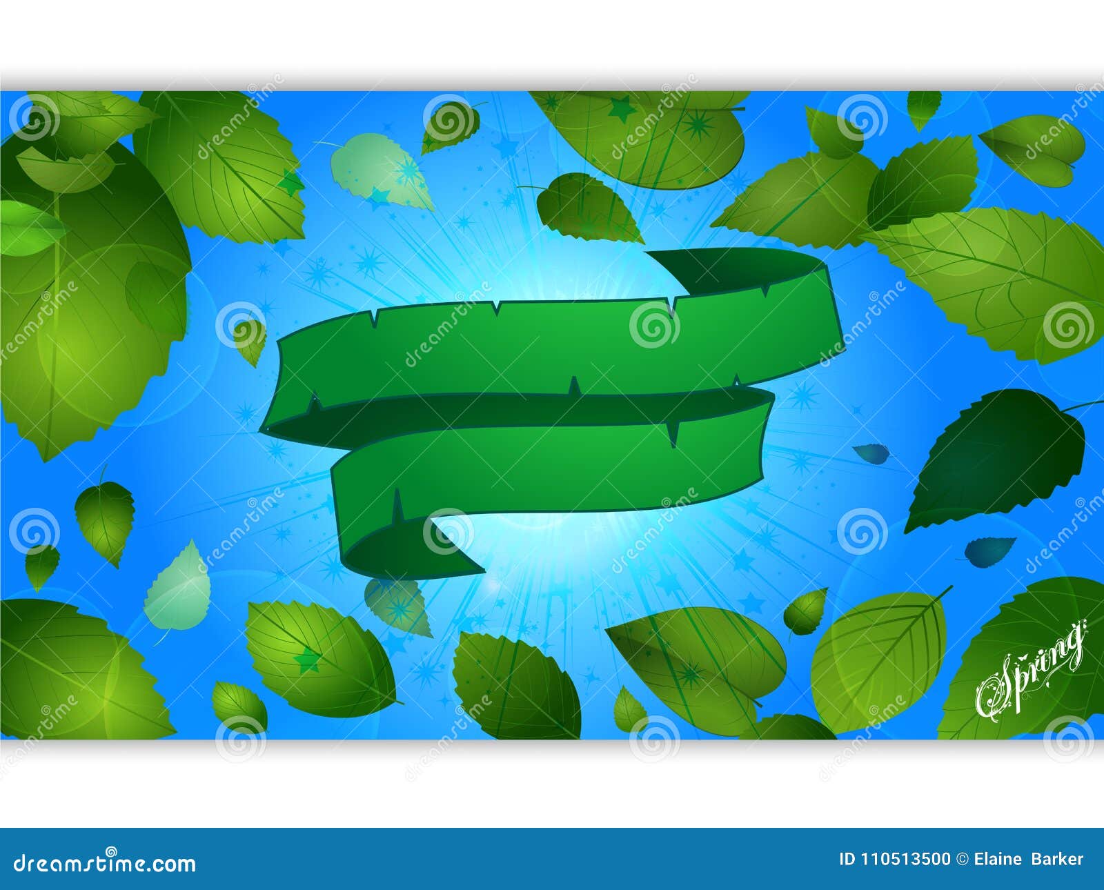 Spring Blue Panel and Leafs with Green Banner Stock Illustration ...