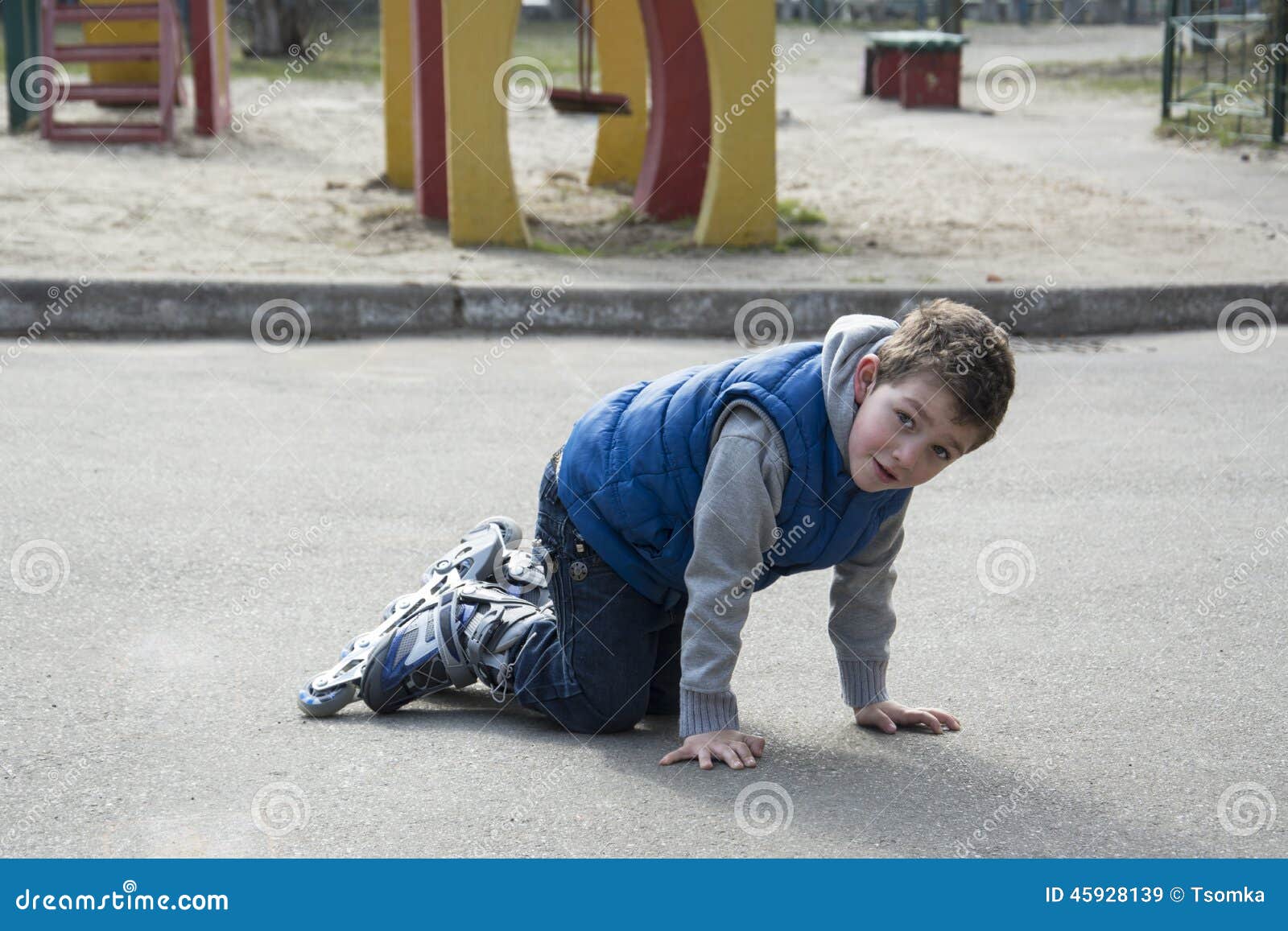 Spring Boy Rollerblading and Fell on the Road. Stock Image - Image of ...