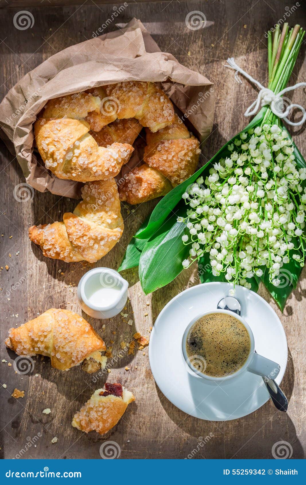 Spring Breakfast with Fresh Croissant and Coffee Stock Photo - Image of ...