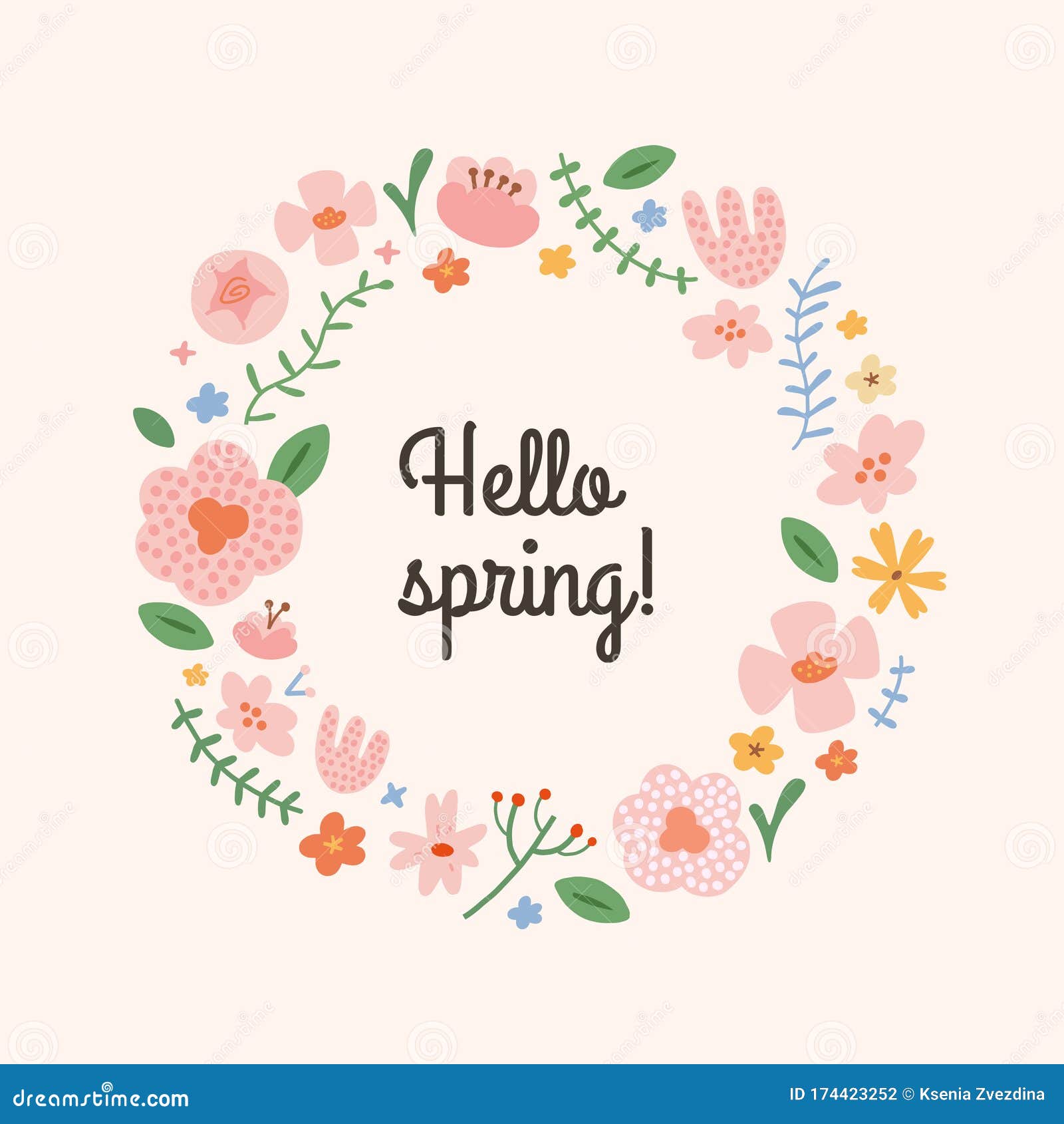 Spring Card with Typography and Flower Illustrations. Hello Spring Card ...