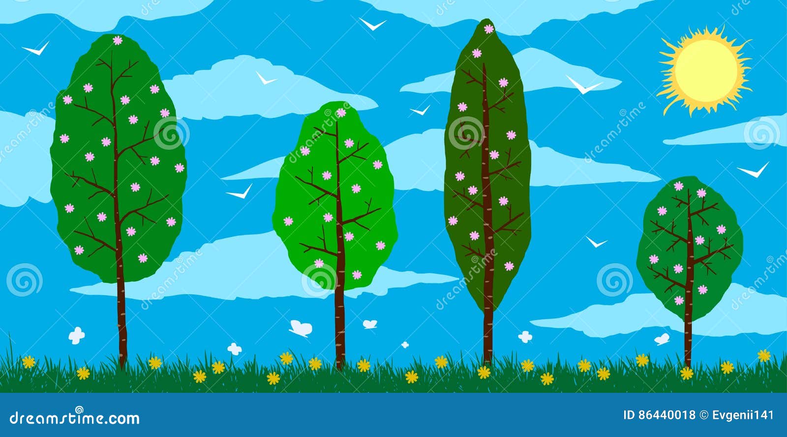 Spring. Cartoon Blossoming Trees on the Field with Flowers, Clouds, and ...