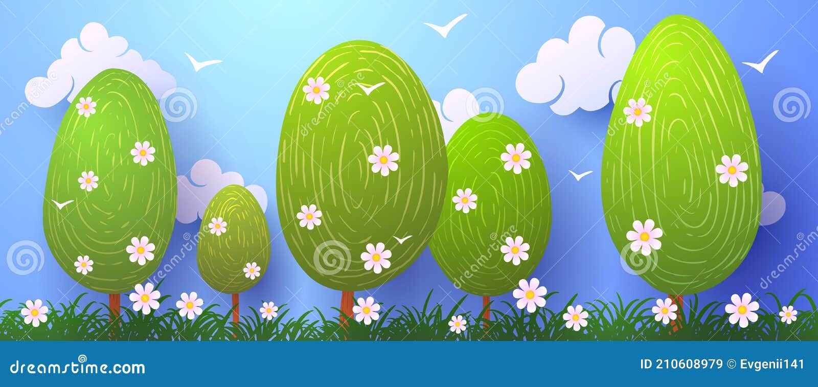 Spring Cartoon Vector Illustration Tree on Grass with Flowers Against a ...