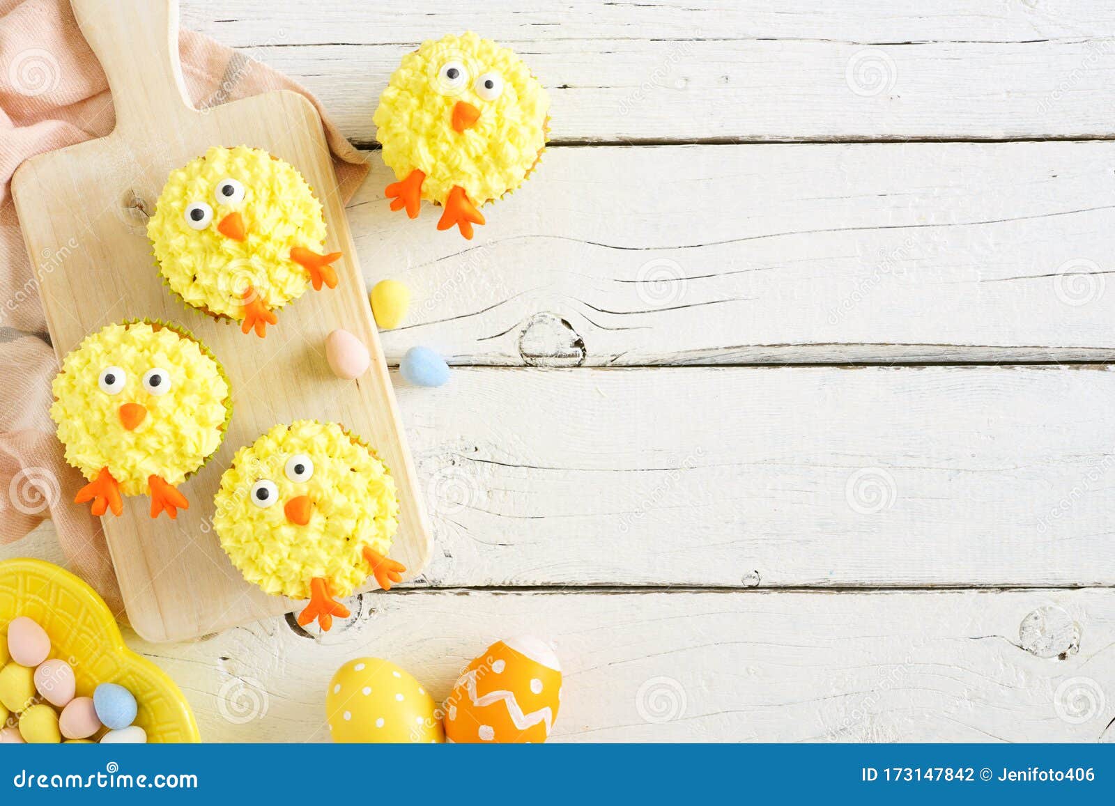 Spring Chick Cupcakes, Top View Side Border with Copy Space Against a ...