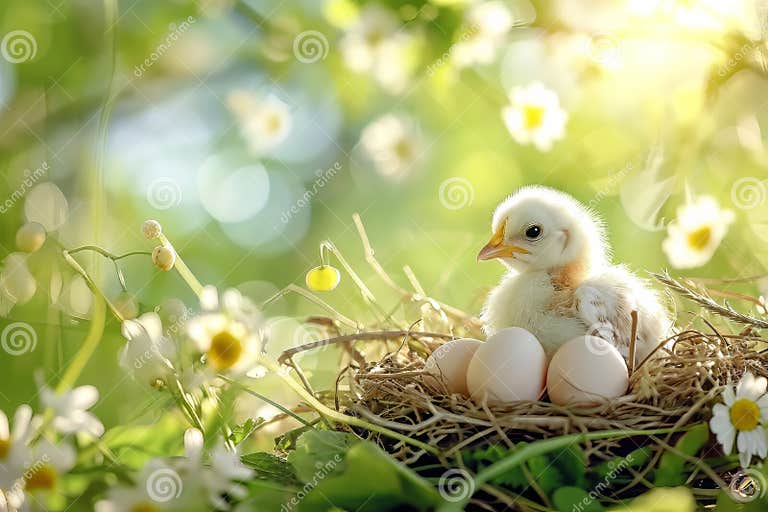 Spring Chickens are Hatching Eggs in the Nest,outside World is in a ...