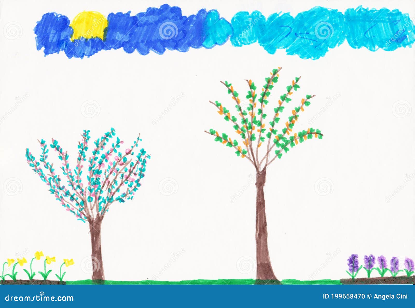 Spring Children`s Illustration Stock Photo - Image of clouds, season ...