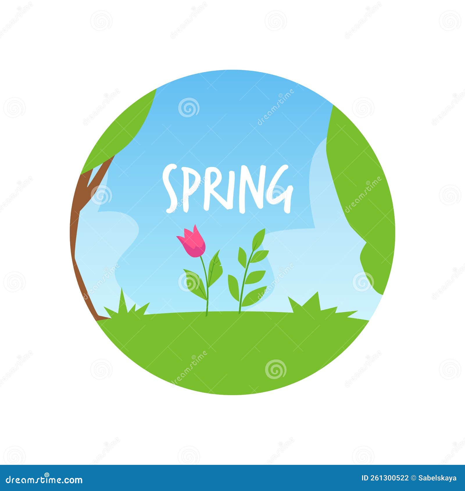Spring Circle Banner or Frame with Landscape Flat Vector Illustration ...