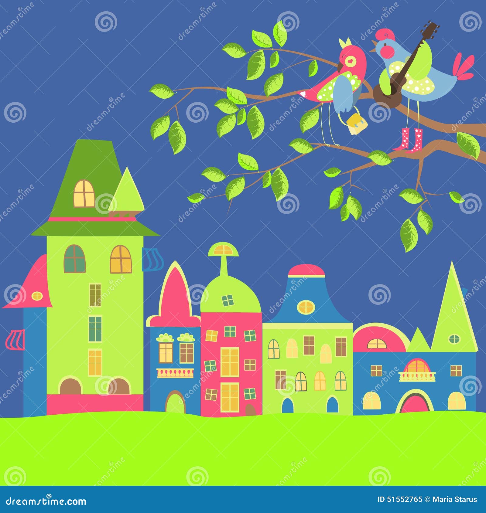 Spring Cityscape with Birds in Love Stock Vector - Illustration of ...