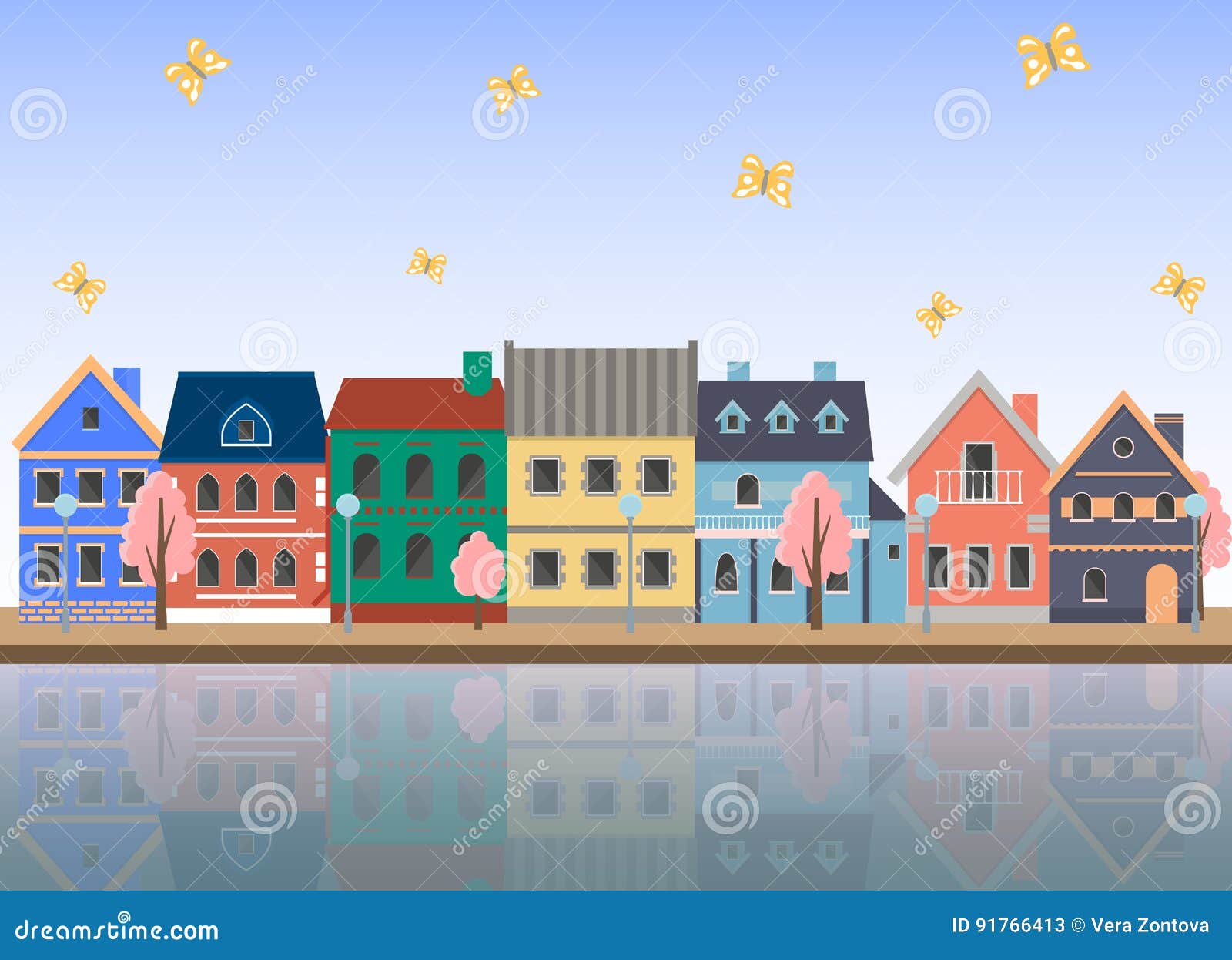 Spring cityscape. stock vector. Illustration of street - 91766413