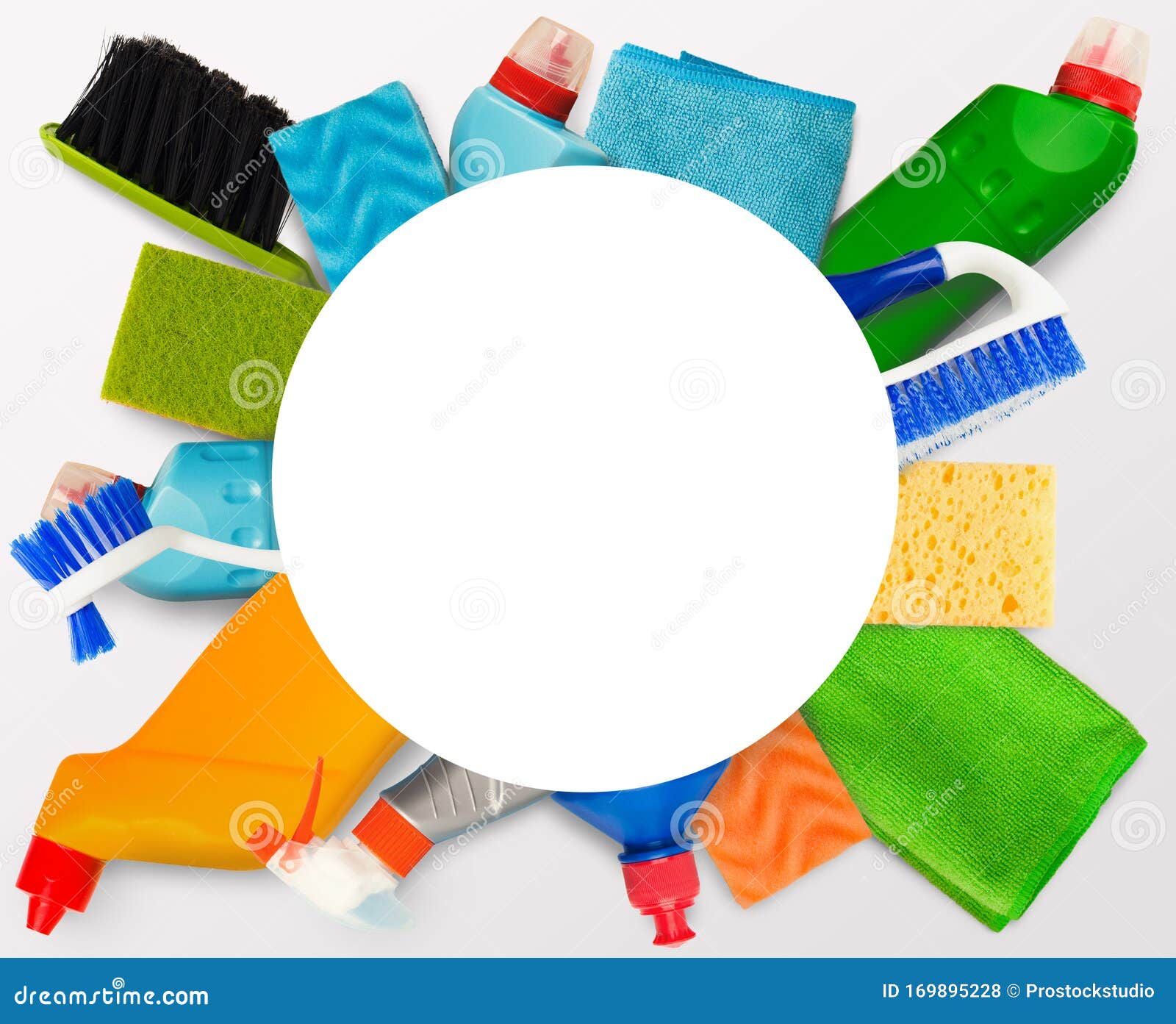 Cleaning Tools Background with White Blank Space for Advertisement in ...