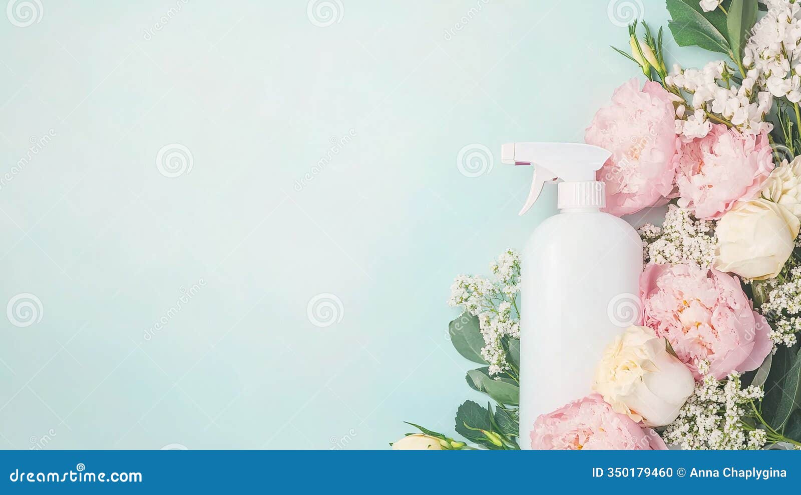 Spring Cleaning Background with White Spray Bottle on Soft Blue Stock ...