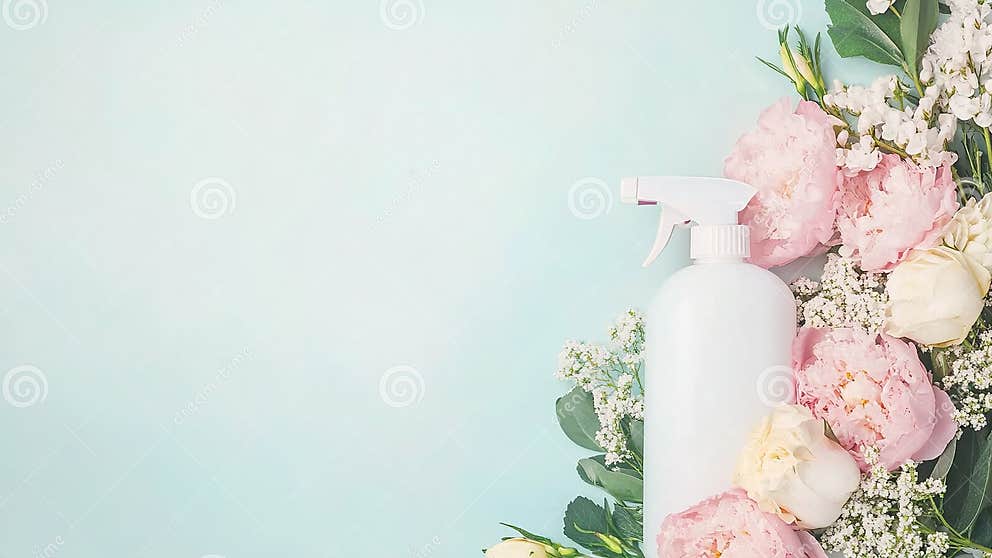 Spring Cleaning Background with White Spray Bottle on Soft Blue Stock ...
