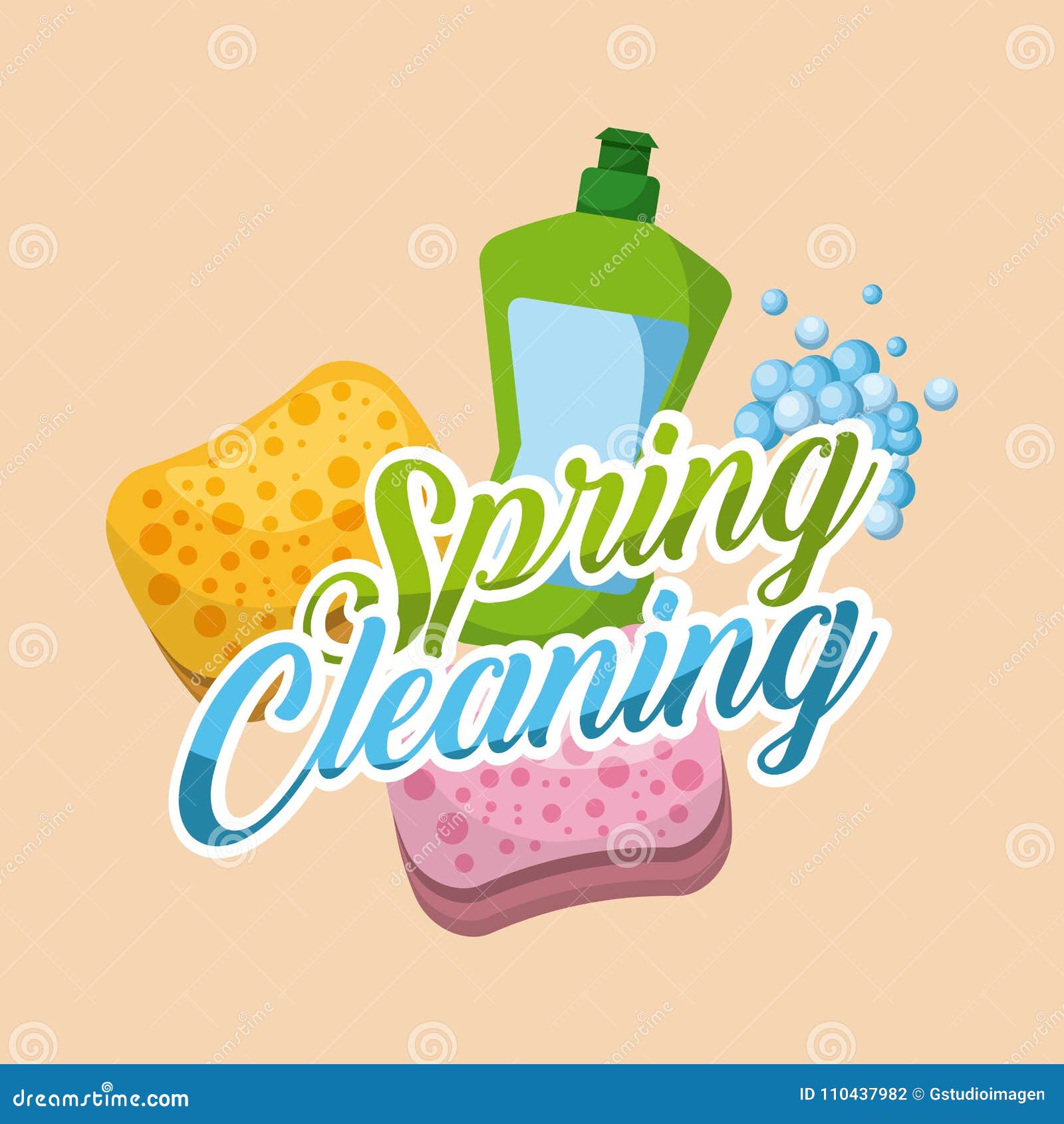 Spring Cleaning Green Plastic Bottle and Sponge Bubbles Stock Vector ...