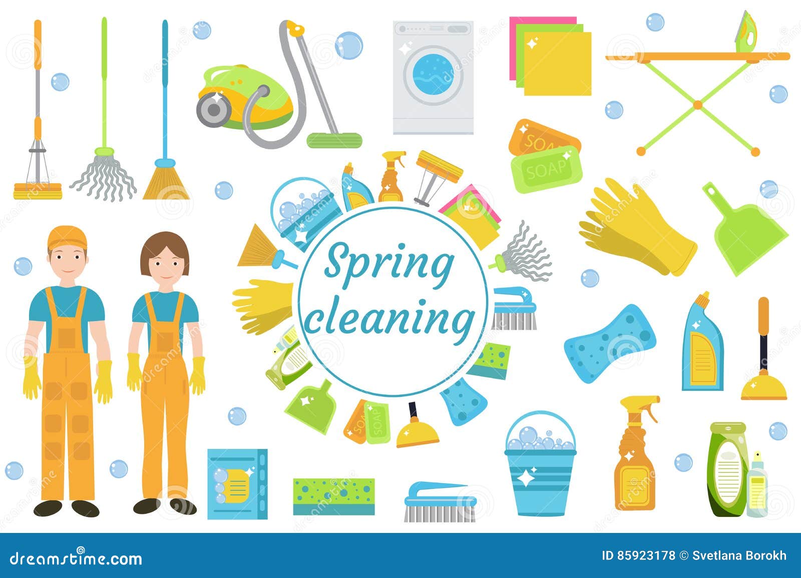 Spring Cleaning Icons, Flat Style. Housekeeping Frame with Tools ...