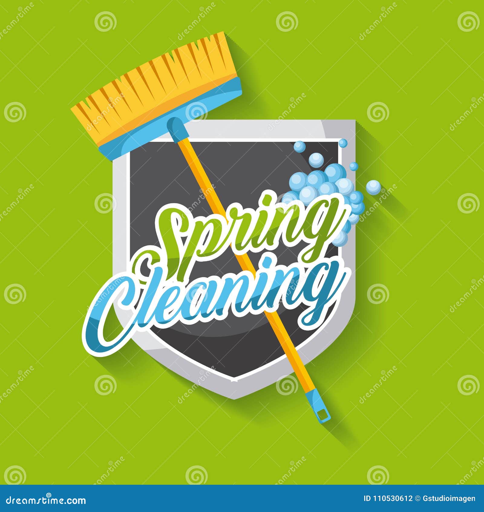 Spring Cleaning Poster with Broom Shield Emblem Clean Bubbles Stock ...