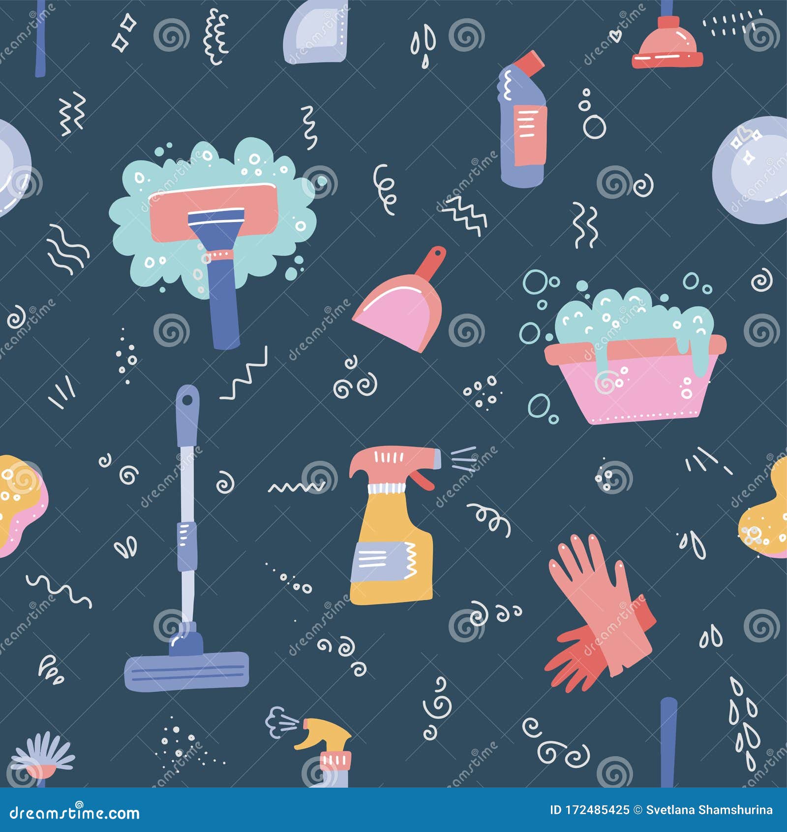 Spring Cleaning. Seamless Pattern with Cleaning Tools. Flat Hand Drawn ...