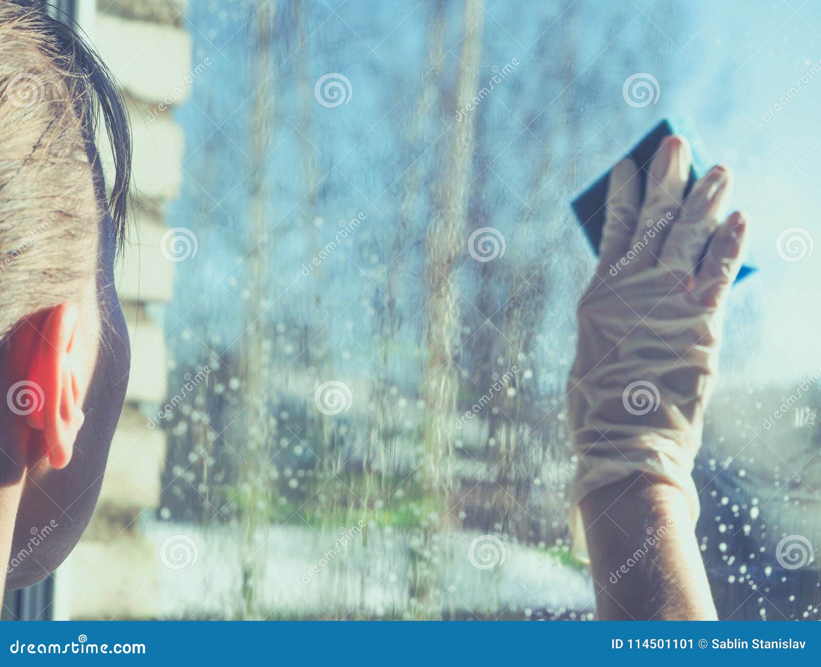 Spring Cleaning - Cleaning Windows. Women`s Hands Wash the Window ...