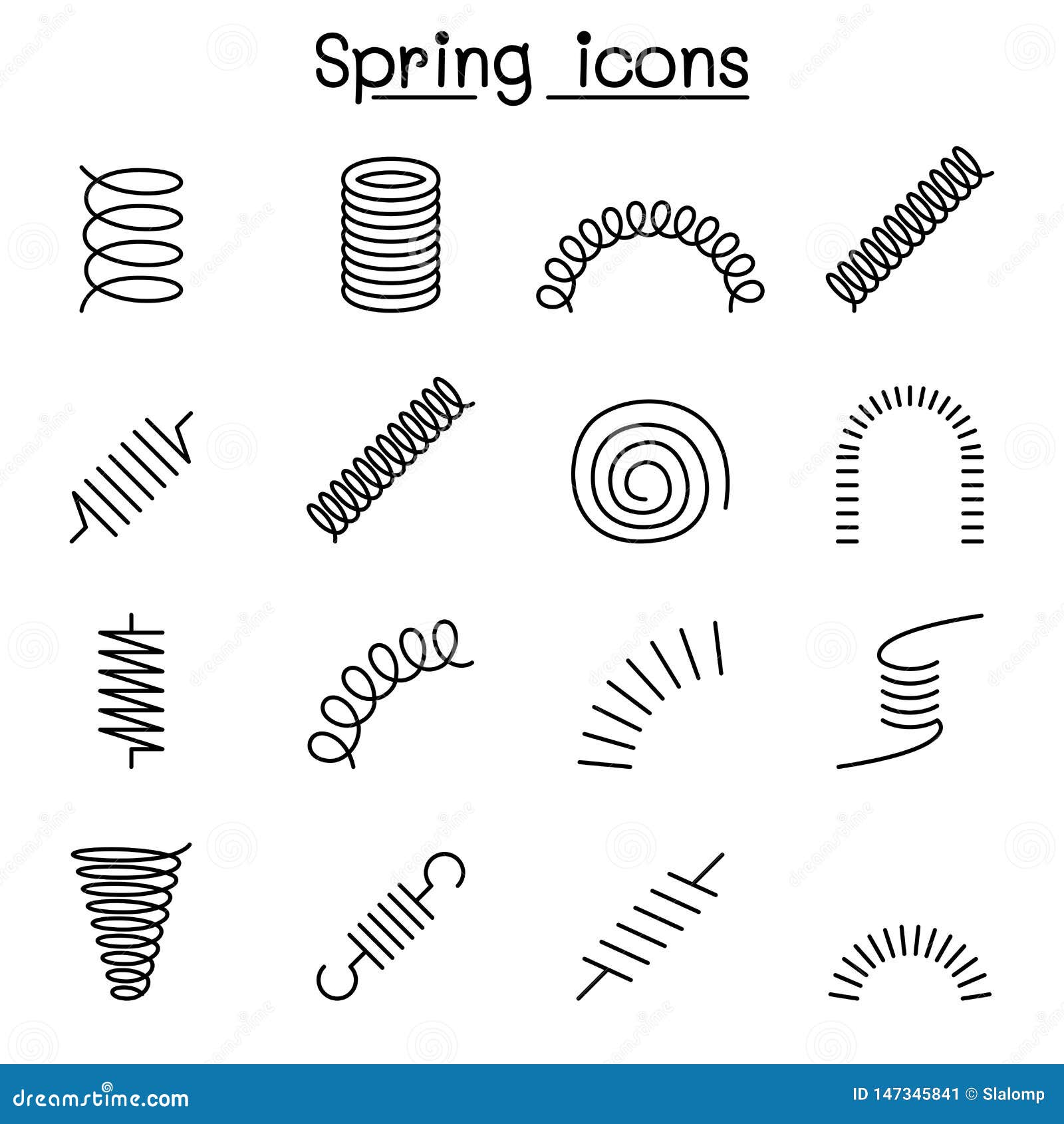 Spring, Coil And Absorber Icon Set In Thin Line Style Cartoon Vector ...