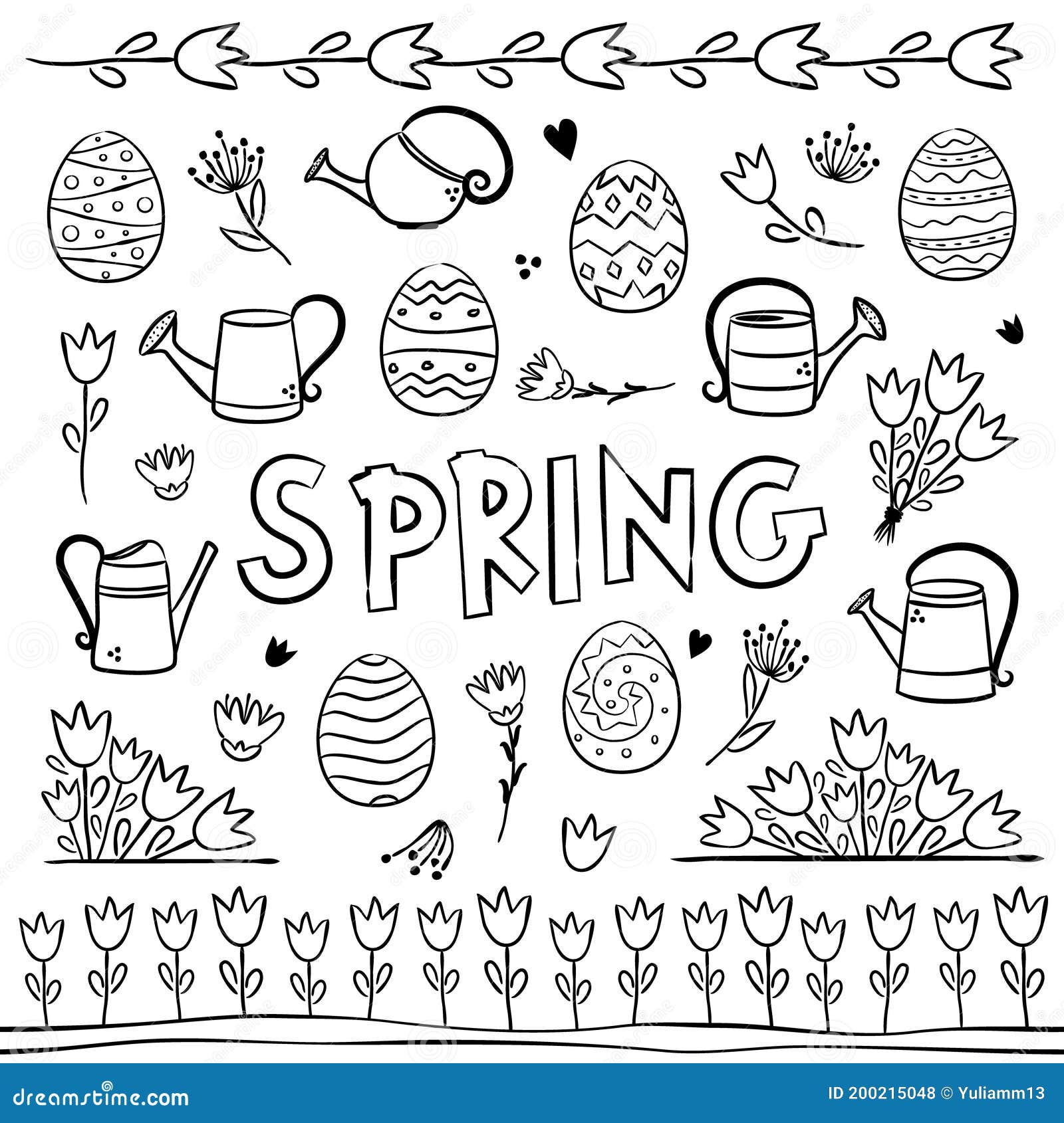 Spring Coloring. Doodle Elements for Seasonal Calendar Stock Vector ...