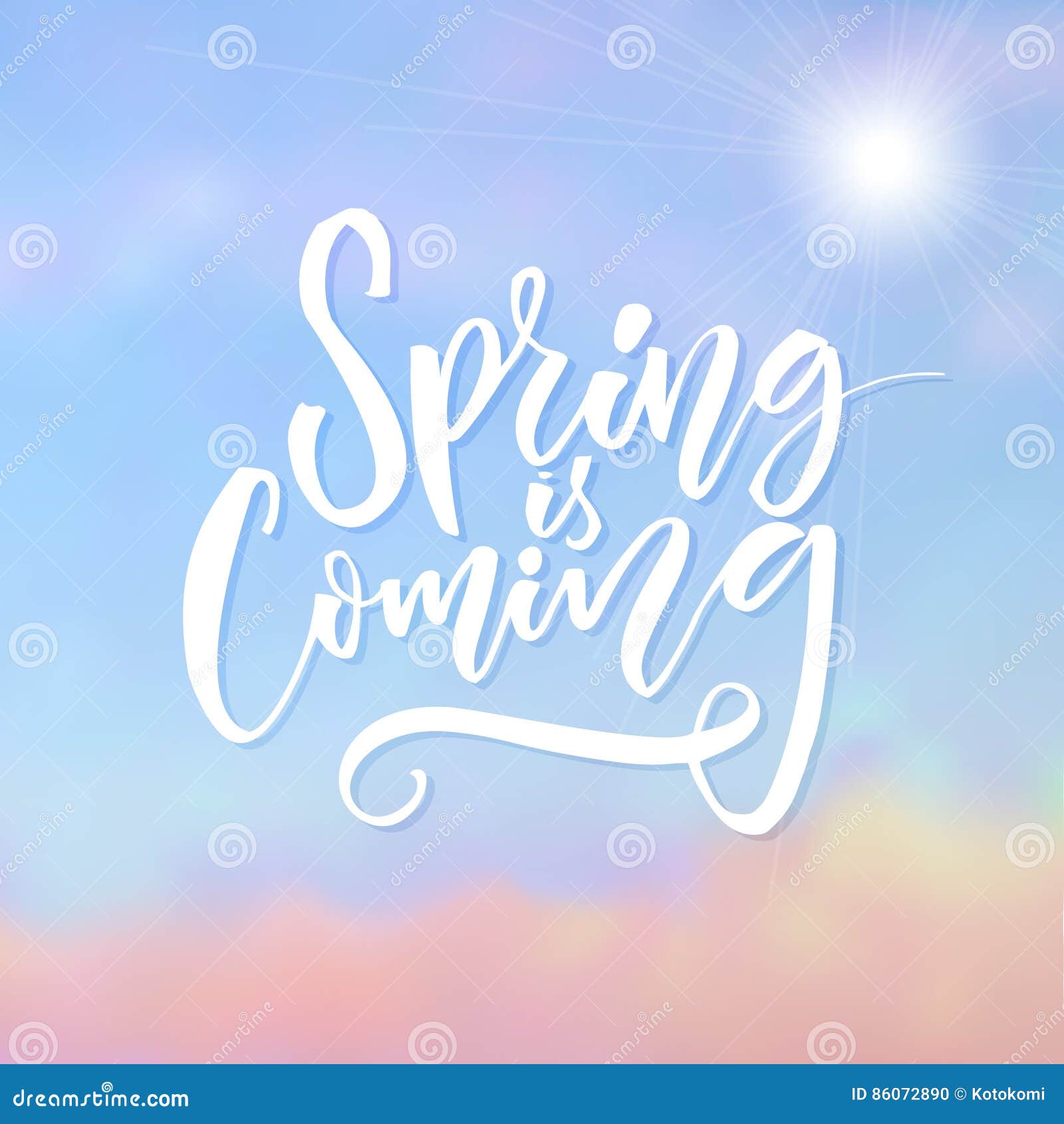 Spring is Coming. Inspirational Caption at Blue Sky Background with Sun ...